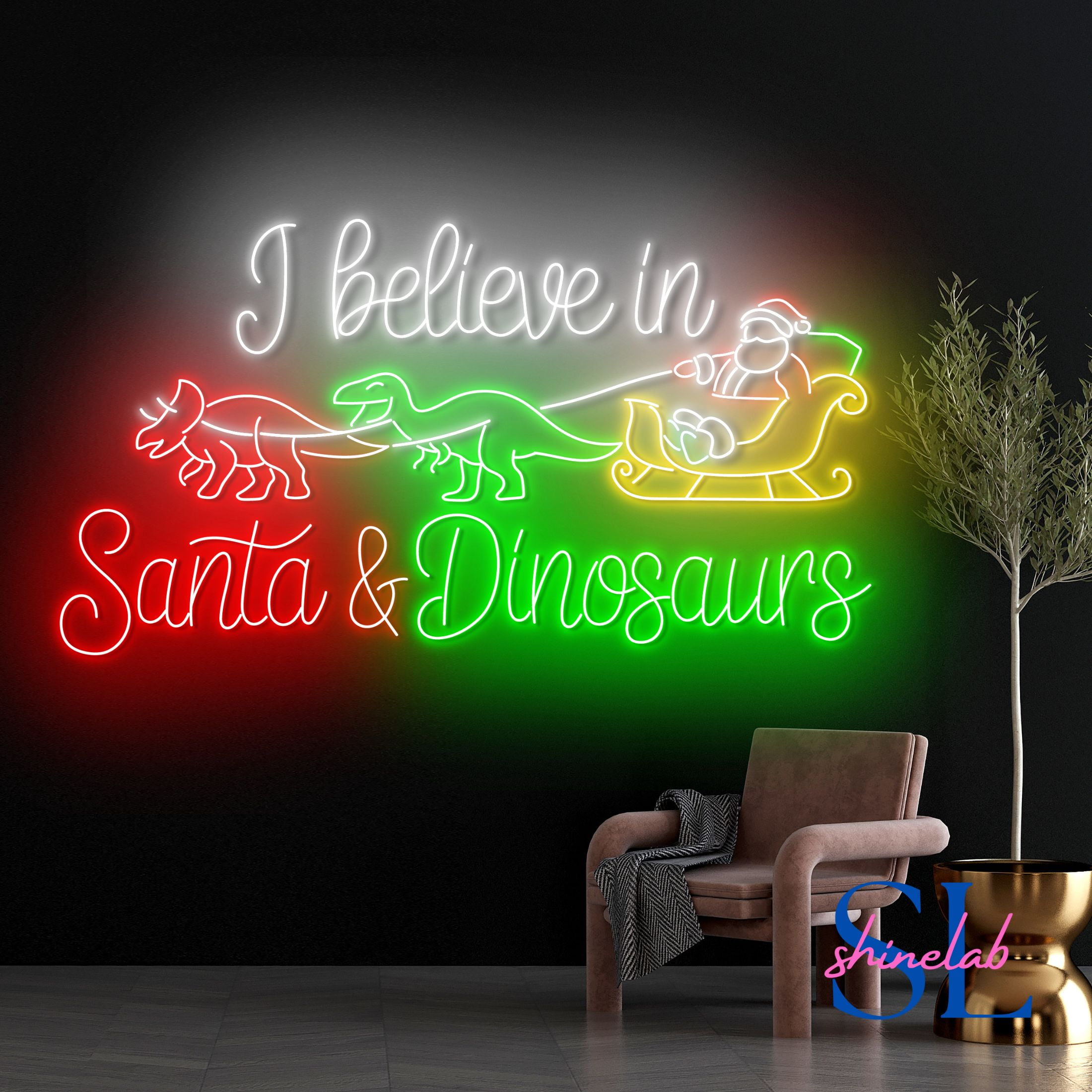 Shinelab I Believe in Santa and Dinosaurs Neon Sign, Dinosaur Sleigh ...