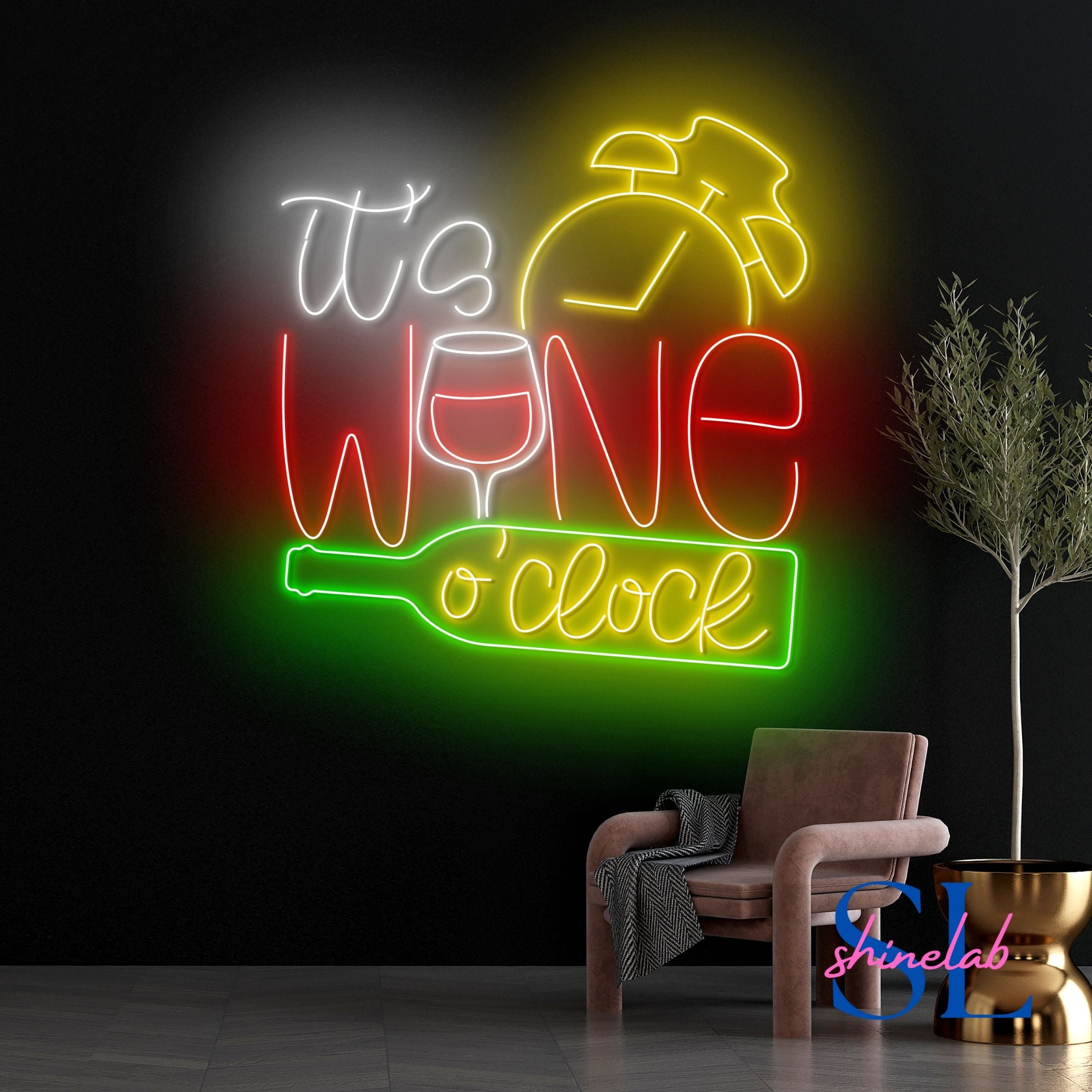 Shinelab It's Wine O'clock Neon Sign, Wine Clock Led Sign, Wine Glass ...