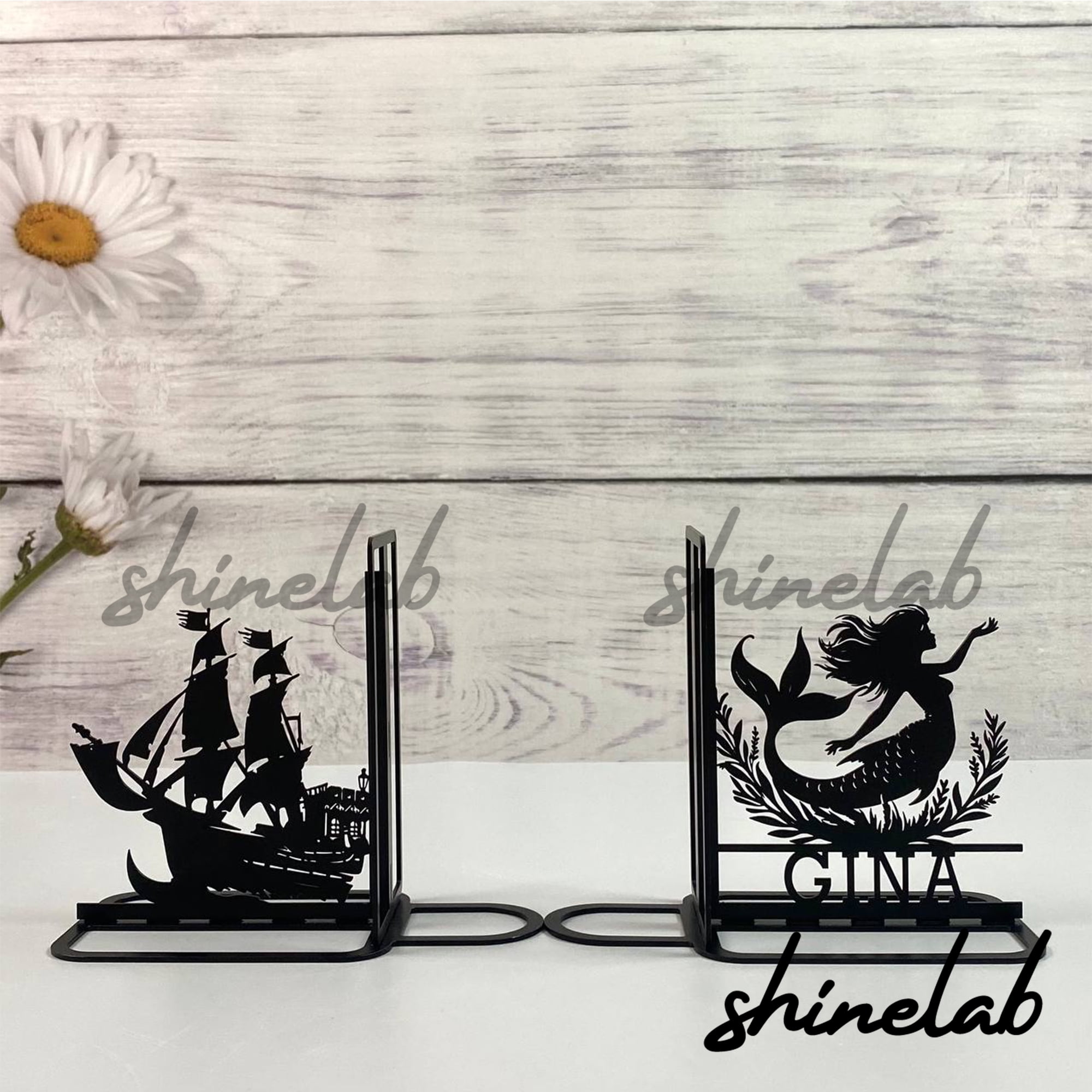 Shinelab Mermaid With Pirate Ship Metal Bookends Mermaid Lover Name ...