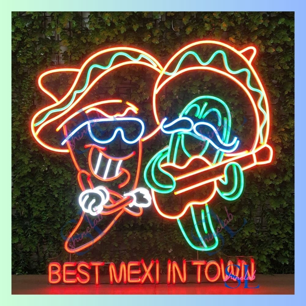 Shinelab Mexican Chili And Cactus Playing Guitar Neon Sign, Mexican ...