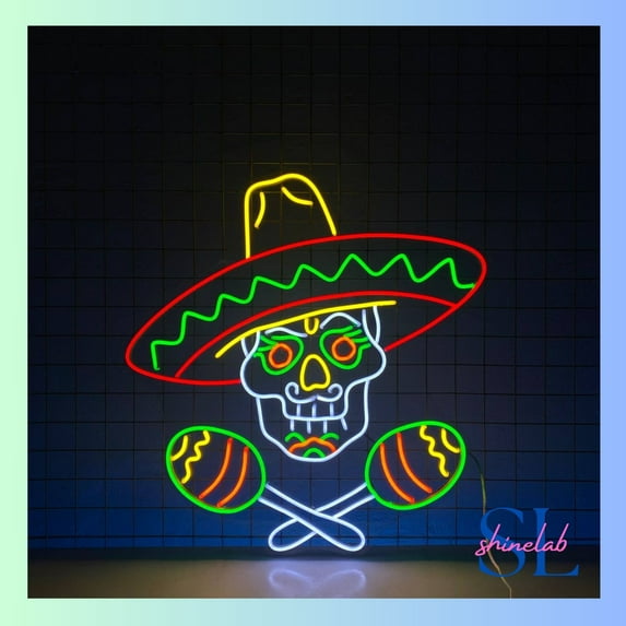 Shinelab Mexican Skull Neon Sign, Maracas Wall Art Light, Skull ...