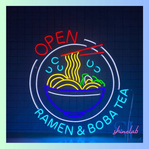 Shinelab Open Ramen & Boba Tea Neon Sign, Ramen Bowl Wall Art Light ...