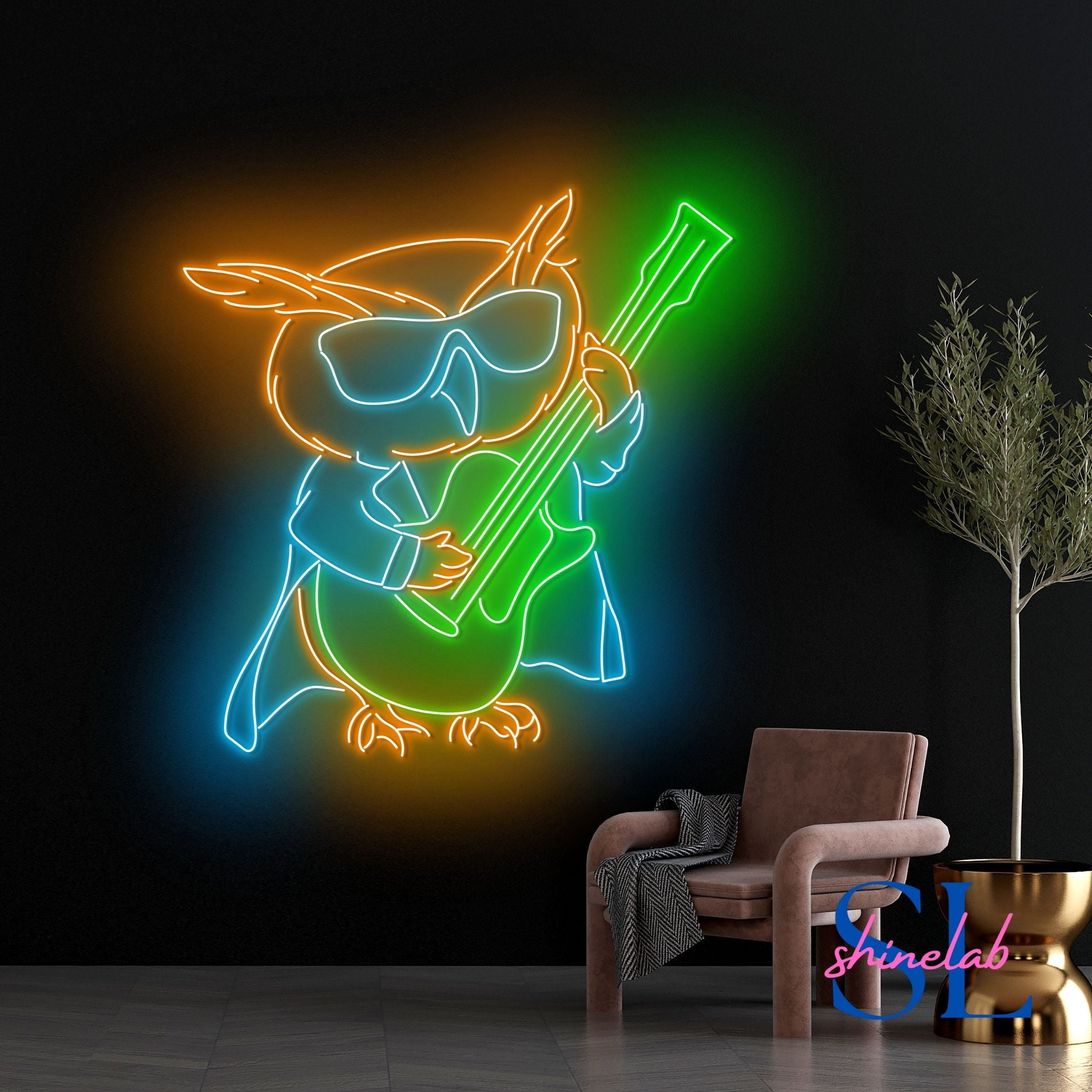 Shinelab Owl Playing Electric Guitar Neon Sign, Owl Electric Guitar Led ...