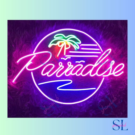 Shinelab Paradise Ocean Waves Palm Tree Neon Sign, Beach Led Sign, Pool ...