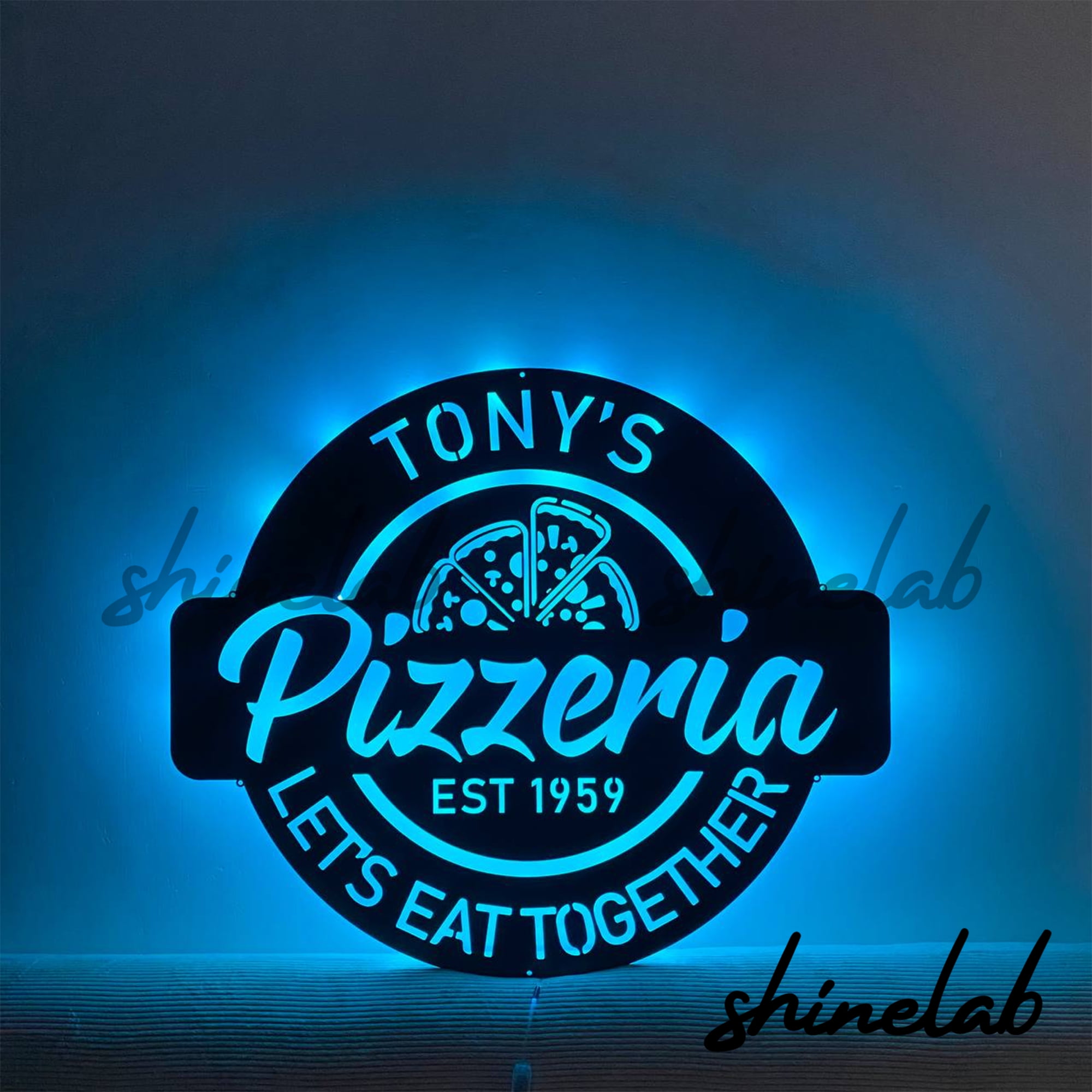 Shinelab Pizzeria Metal Sign, Custom Name LED Wall Art, Pizza ...