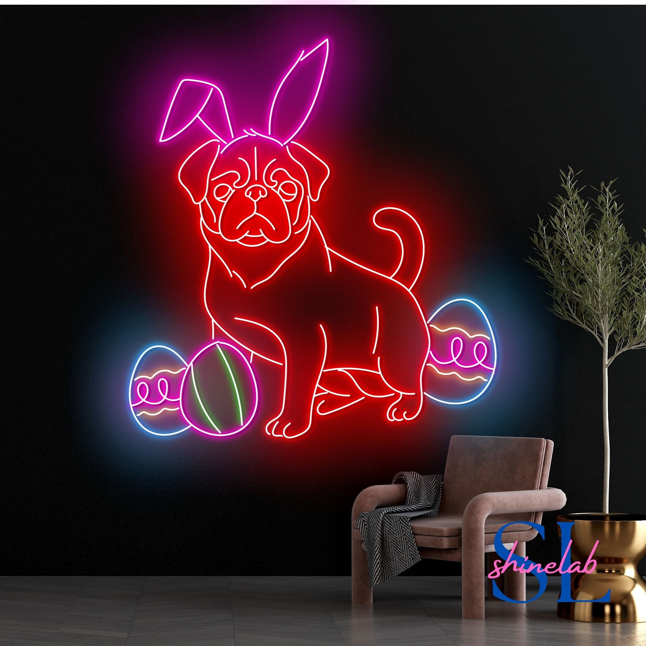 Shinelab Pug Dog Easter Neon Sign, Happy Easter Ears Rabbit Led Sign ...