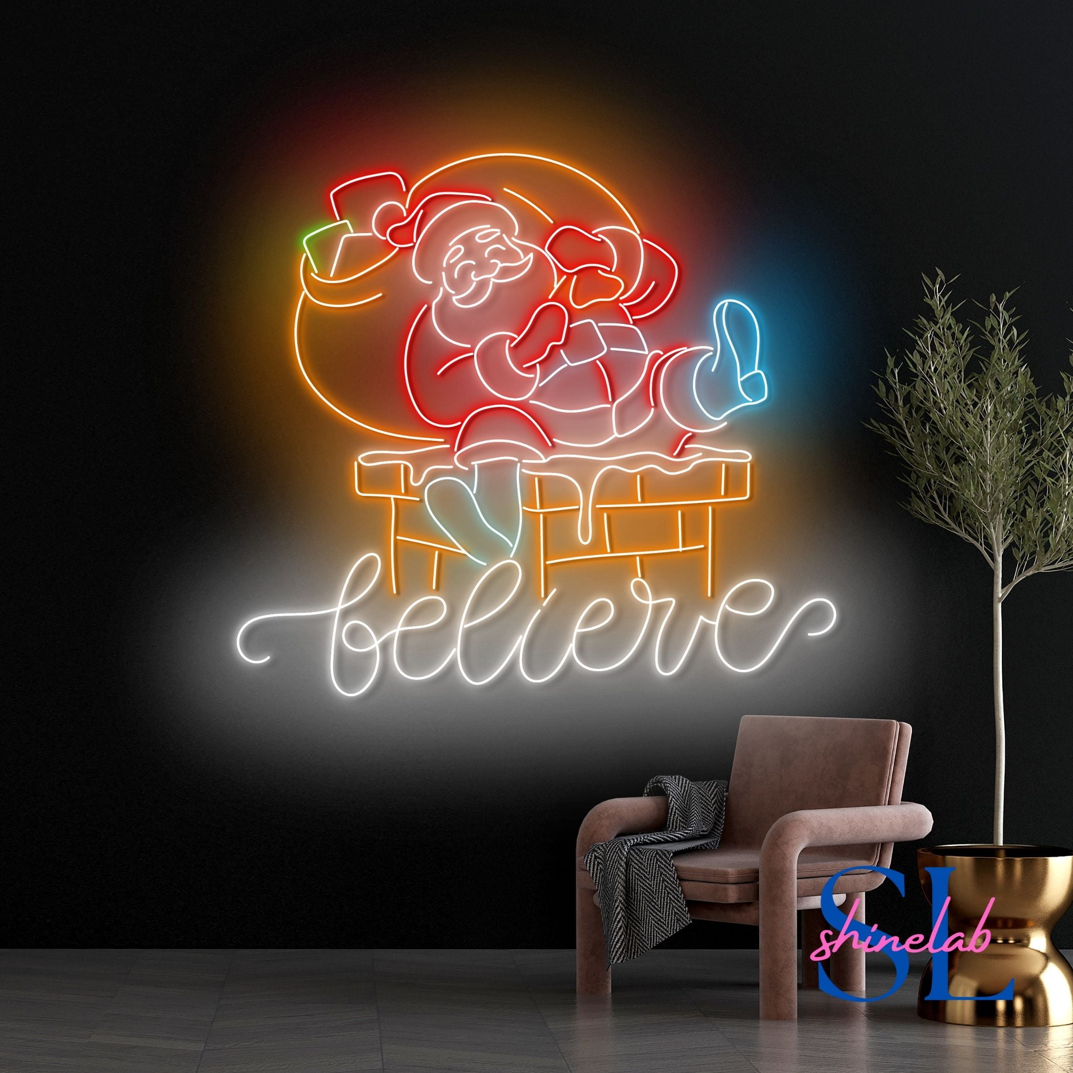 Shinelab Santa Down the Chimney Neon Sign, Believe Christmas Led Sign ...