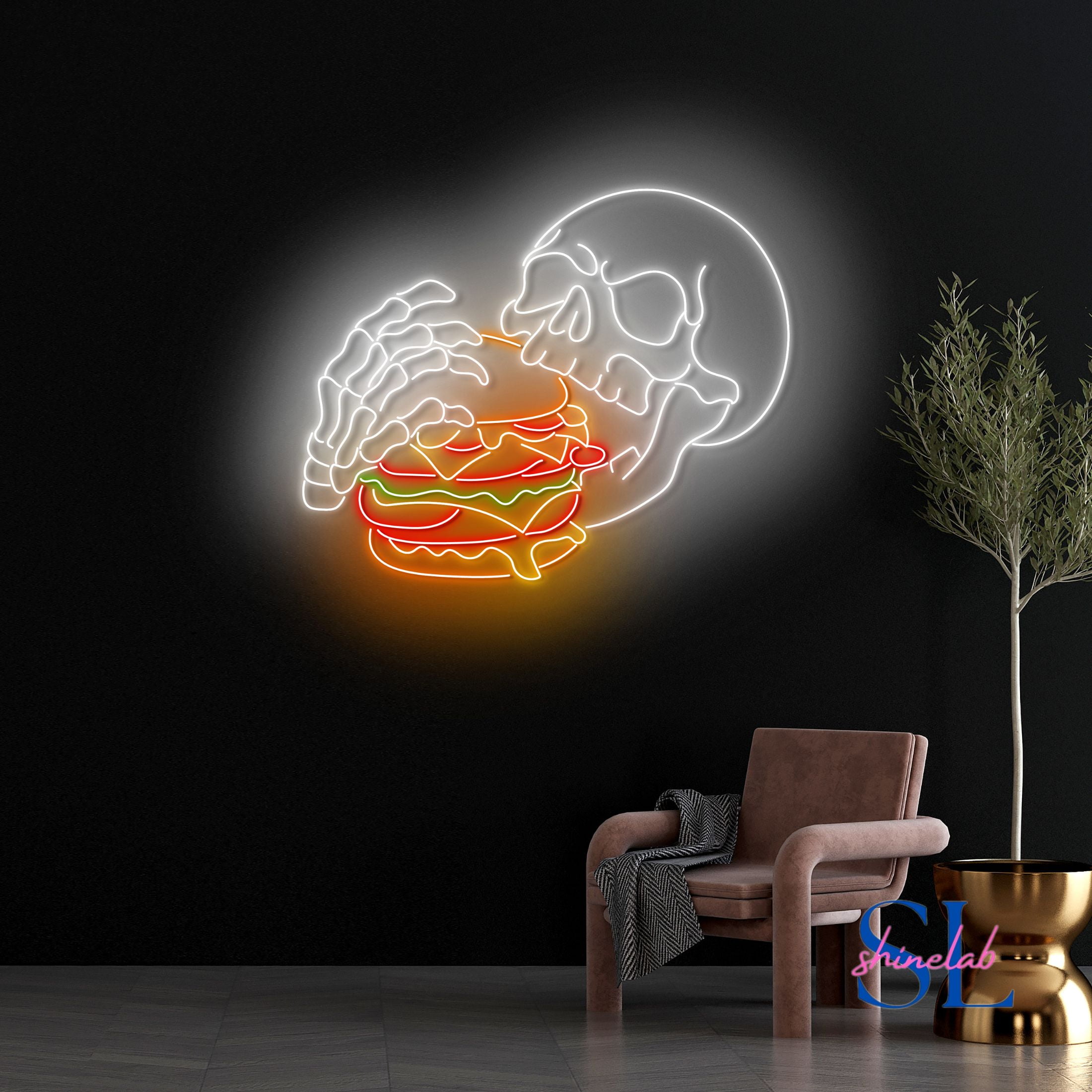 Shinelab Skeleton Eating Burger Neon Sign, Burger Led Sign, Skull ...