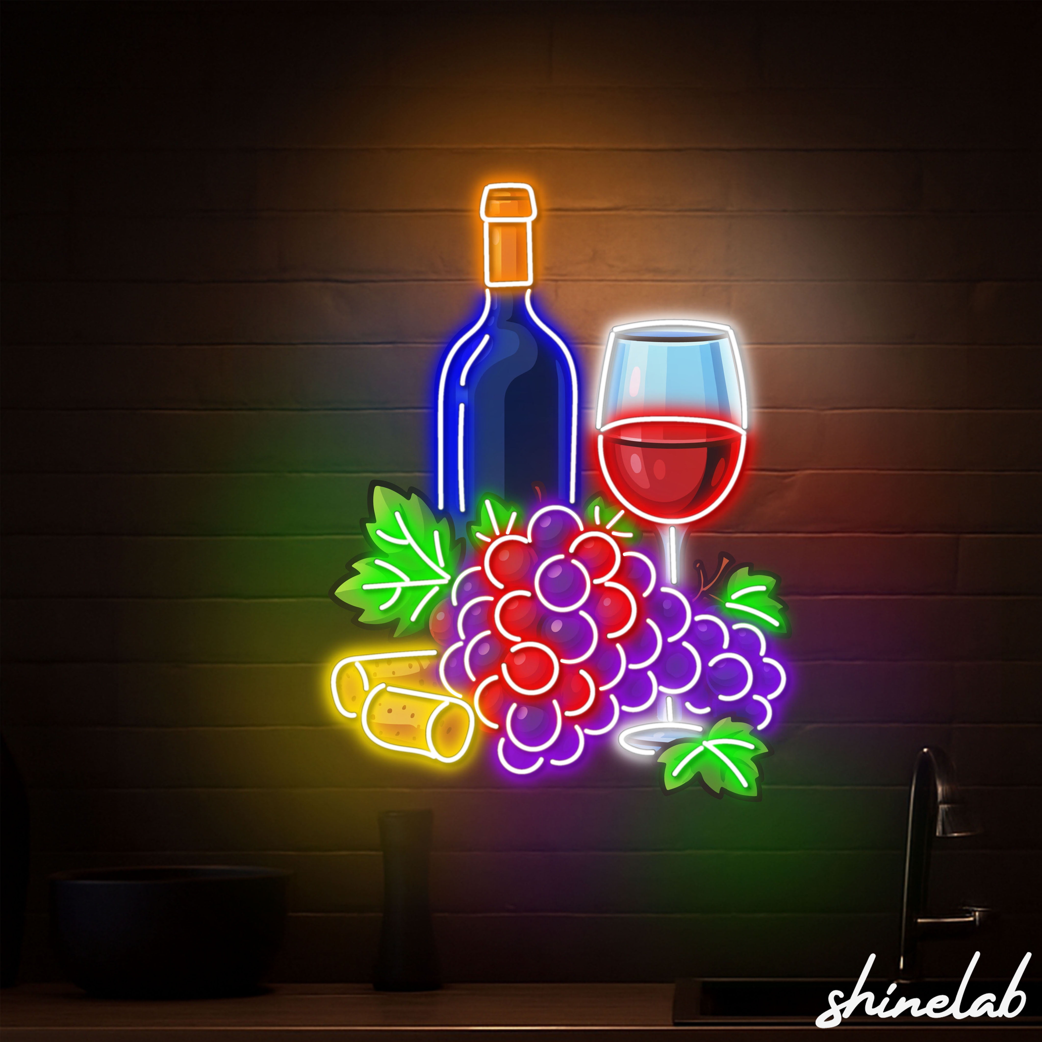 Shinelab Wine Bottle & Grapes Neon Sign, Home Bar Decor, Kitchen ...