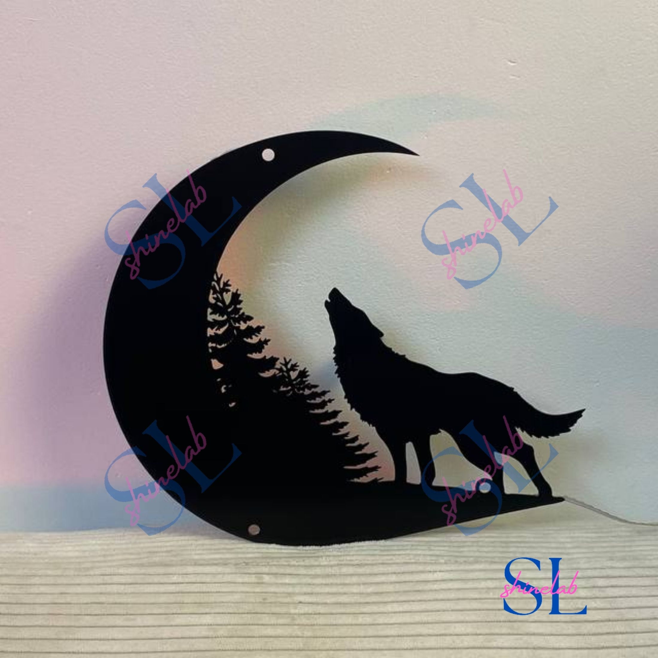 Shinelab Wolf Metal Sign, Wolf On The Crescent Moon Metal Wall Art LED ...