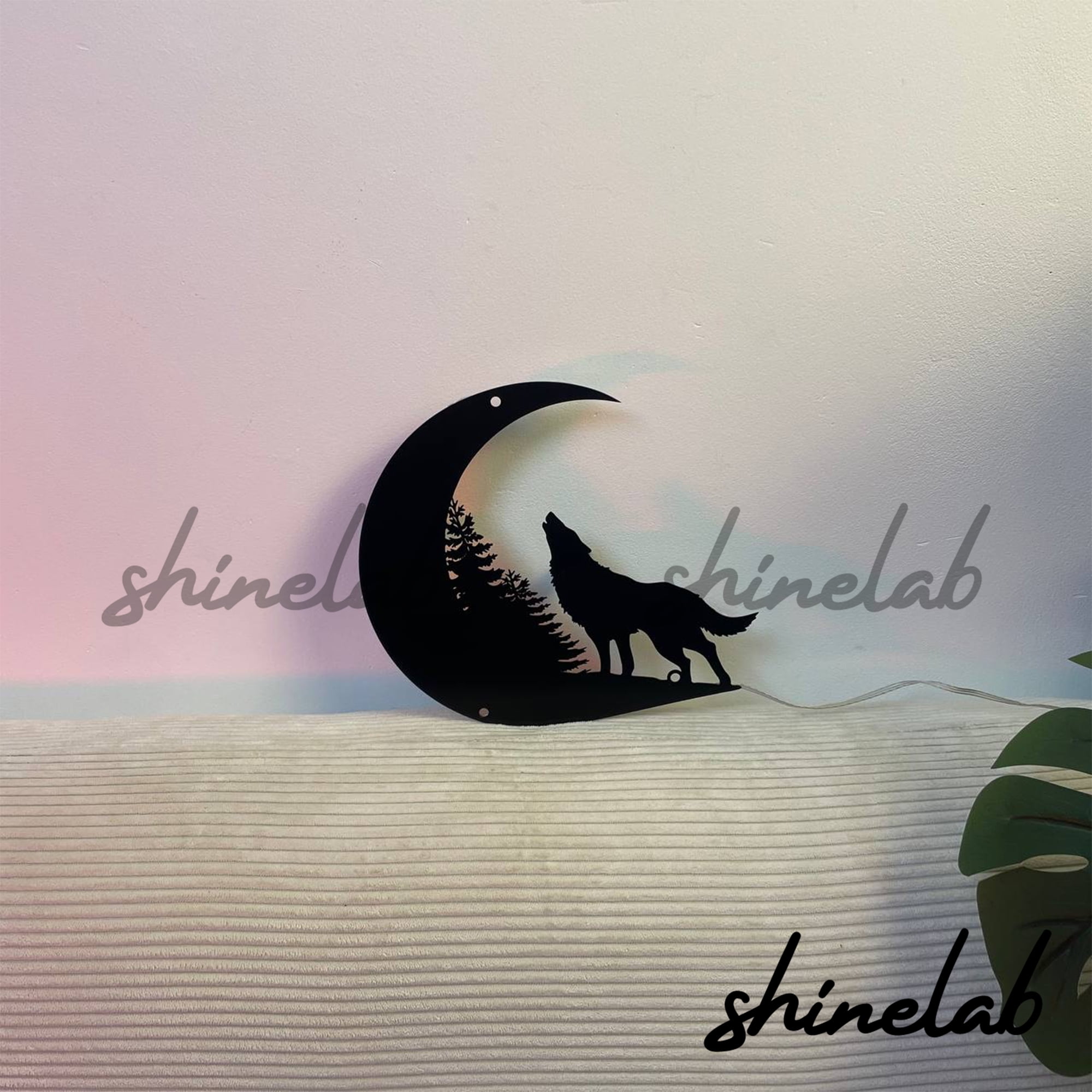 Shinelab Wolf On the Srescent Moon Metal Sign, Custom Wolf LED Wall Art ...