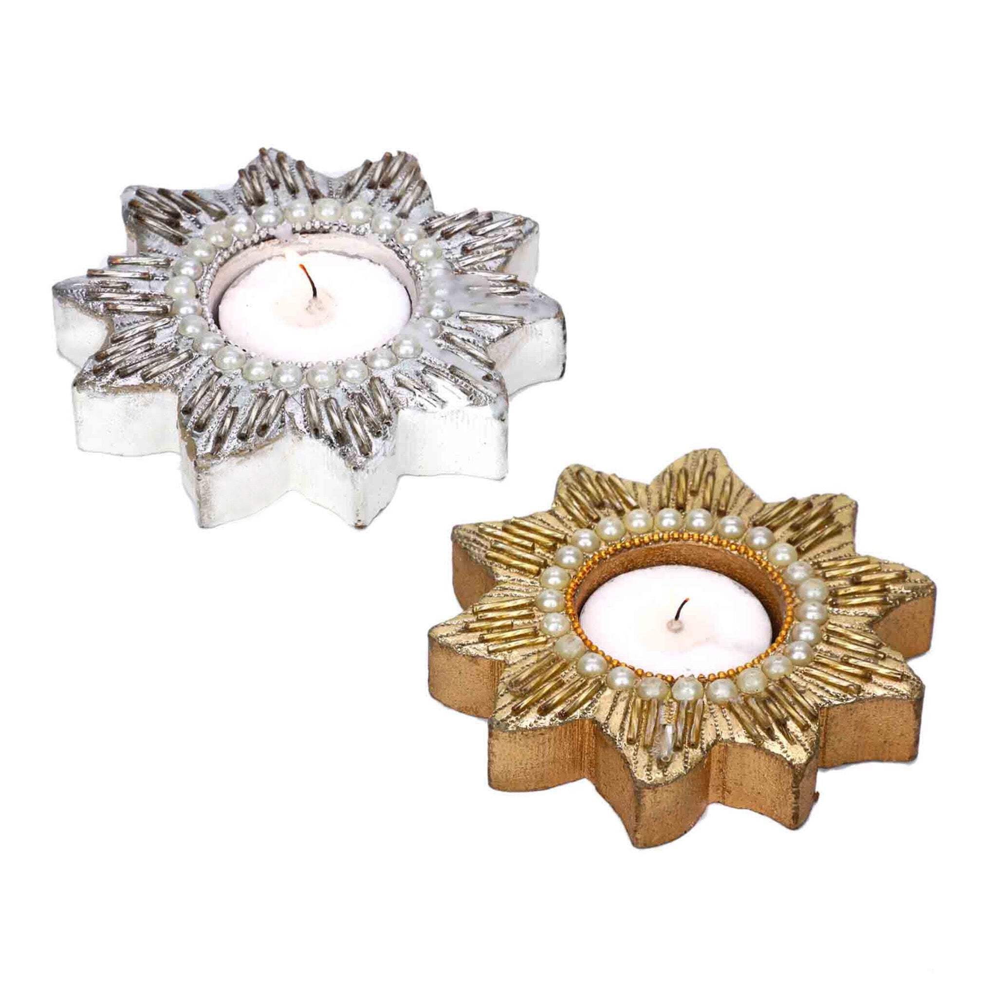 Shing Sol Tea Light HolderColor: Gold & WhiteSize: 4"x4"x1"Set of 2 ...