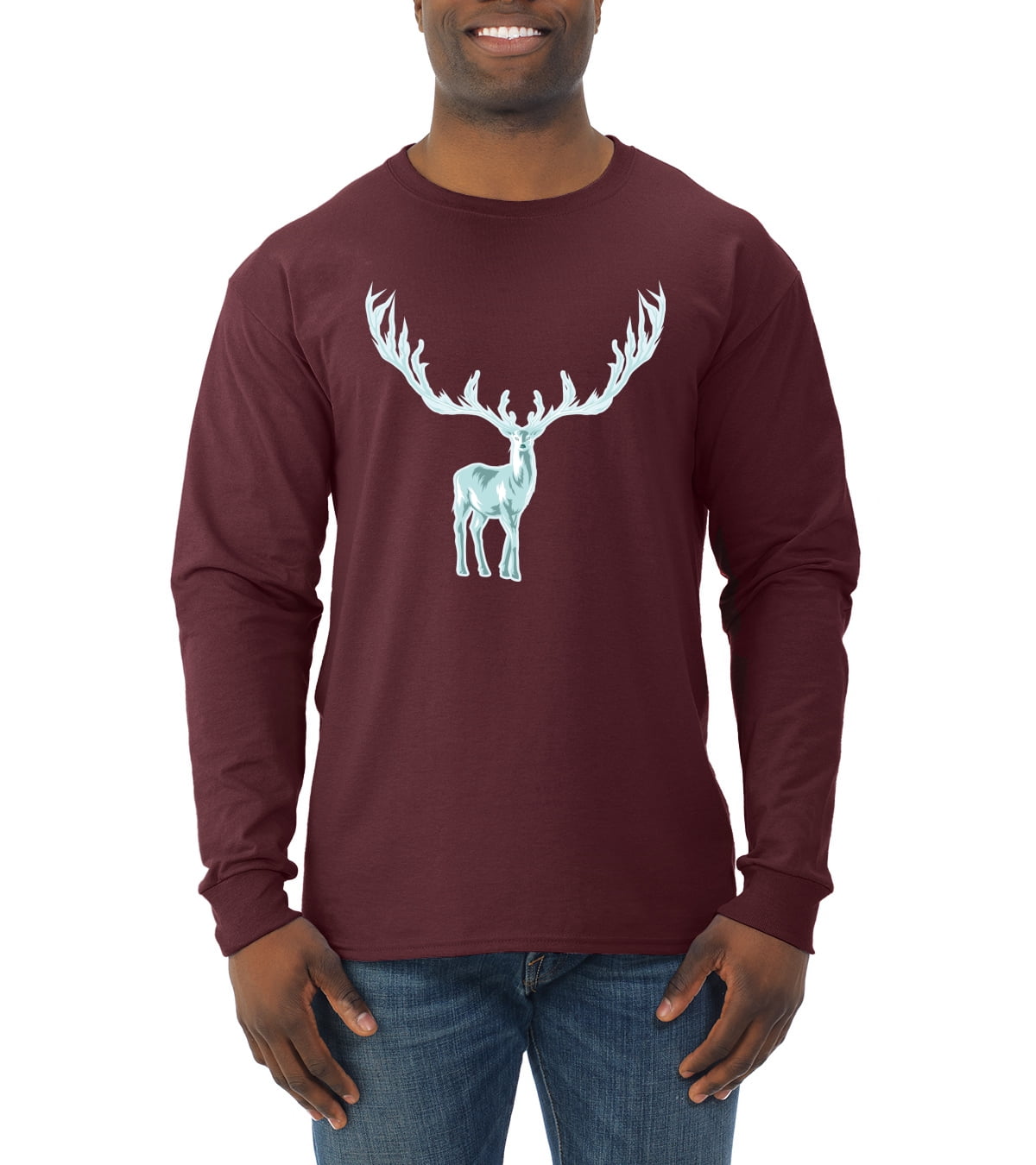 Shining Deer Horns Animal Lover Mens Long Sleeve Shirt, Maroon, Medium ...