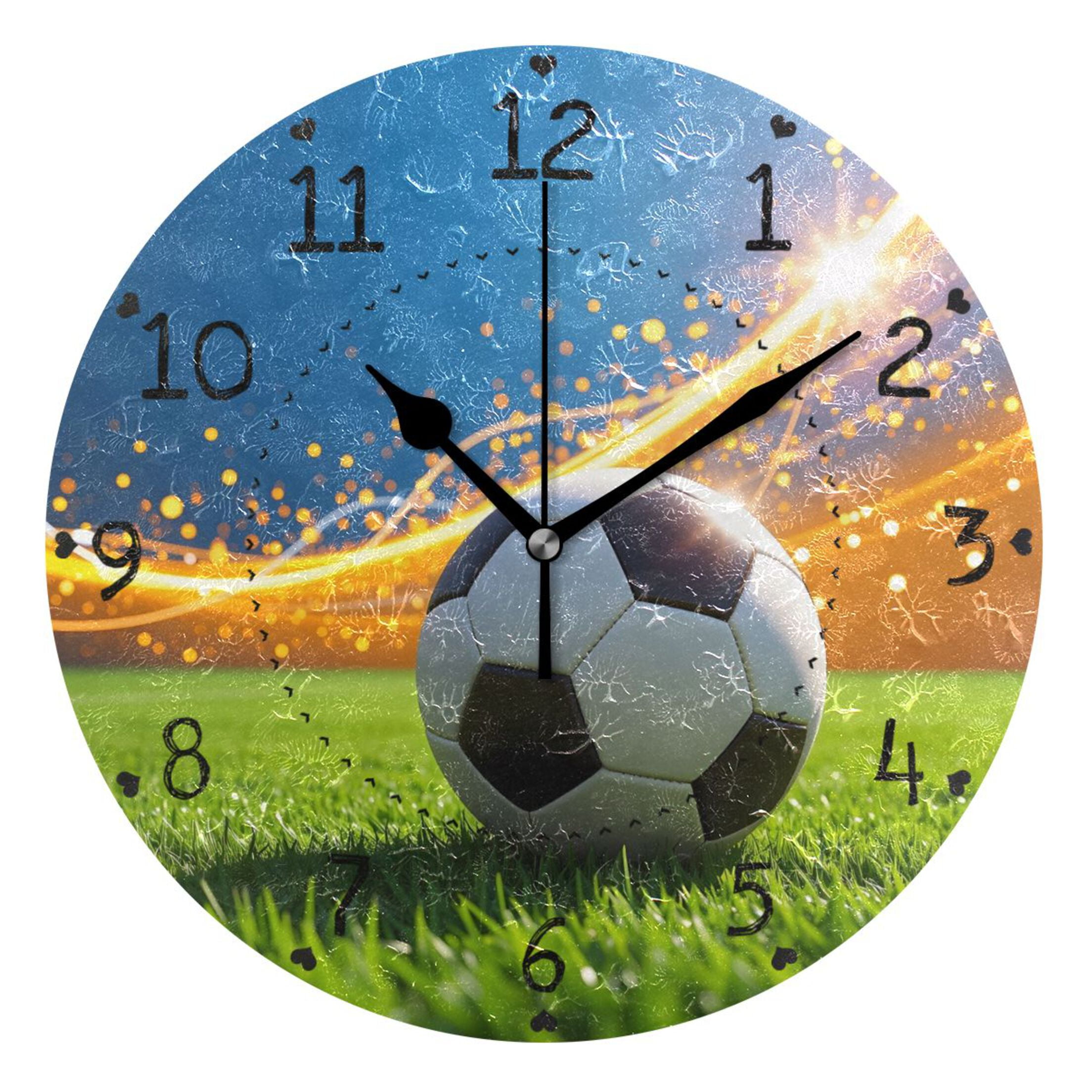 Shining Football on Grass Round Wall Clock Silent Analog Battery ...