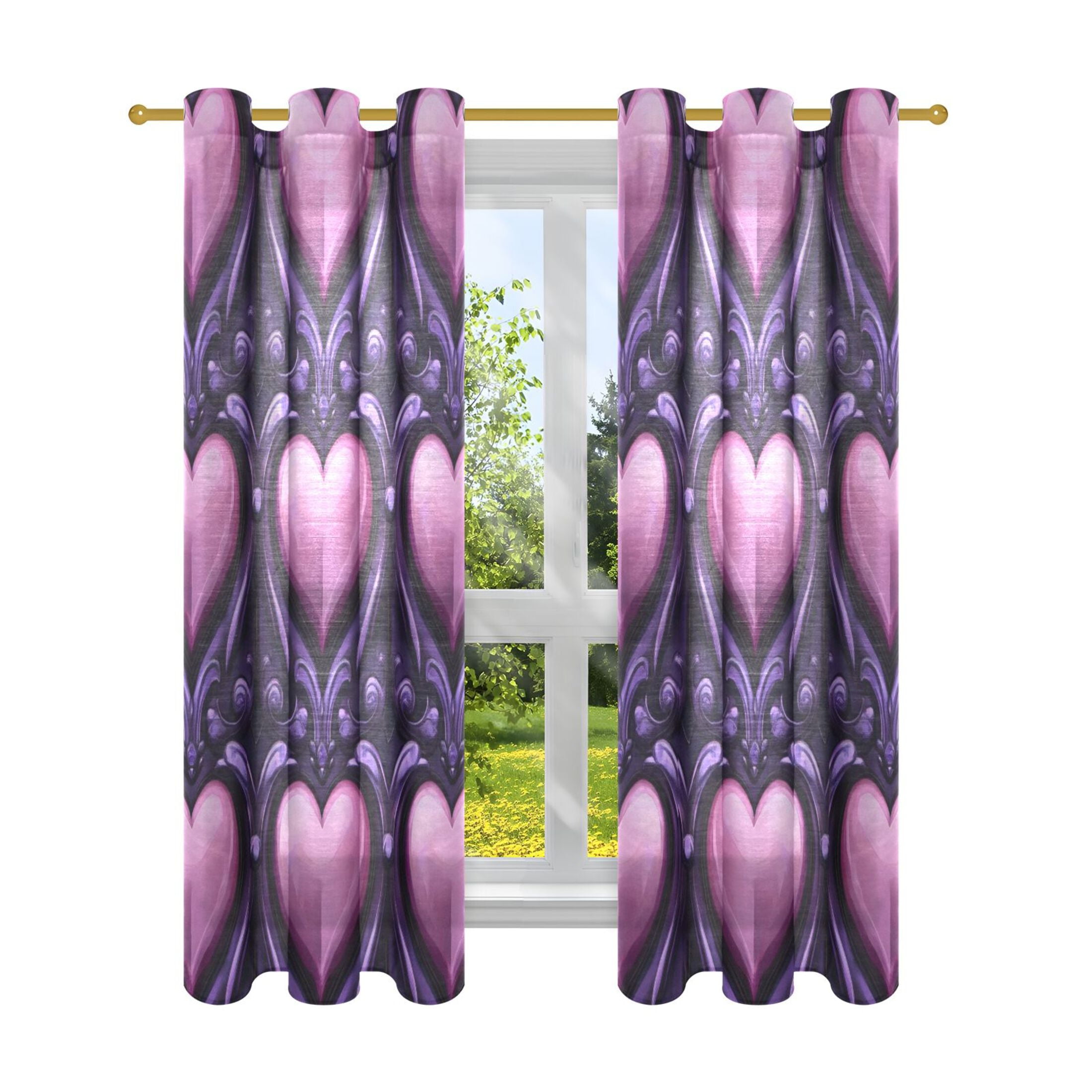 Shining Purple Heart Semi Sheer Curtains for Living Room Bedroom Set of ...