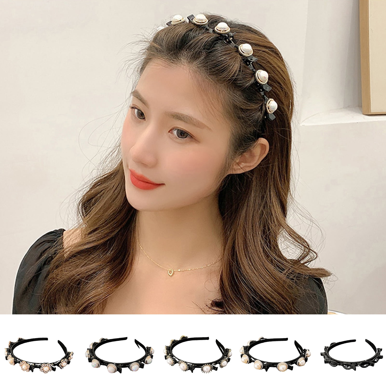 Shining Rhinestone Faux Pearls Flower Decor Women Headband Non Slip