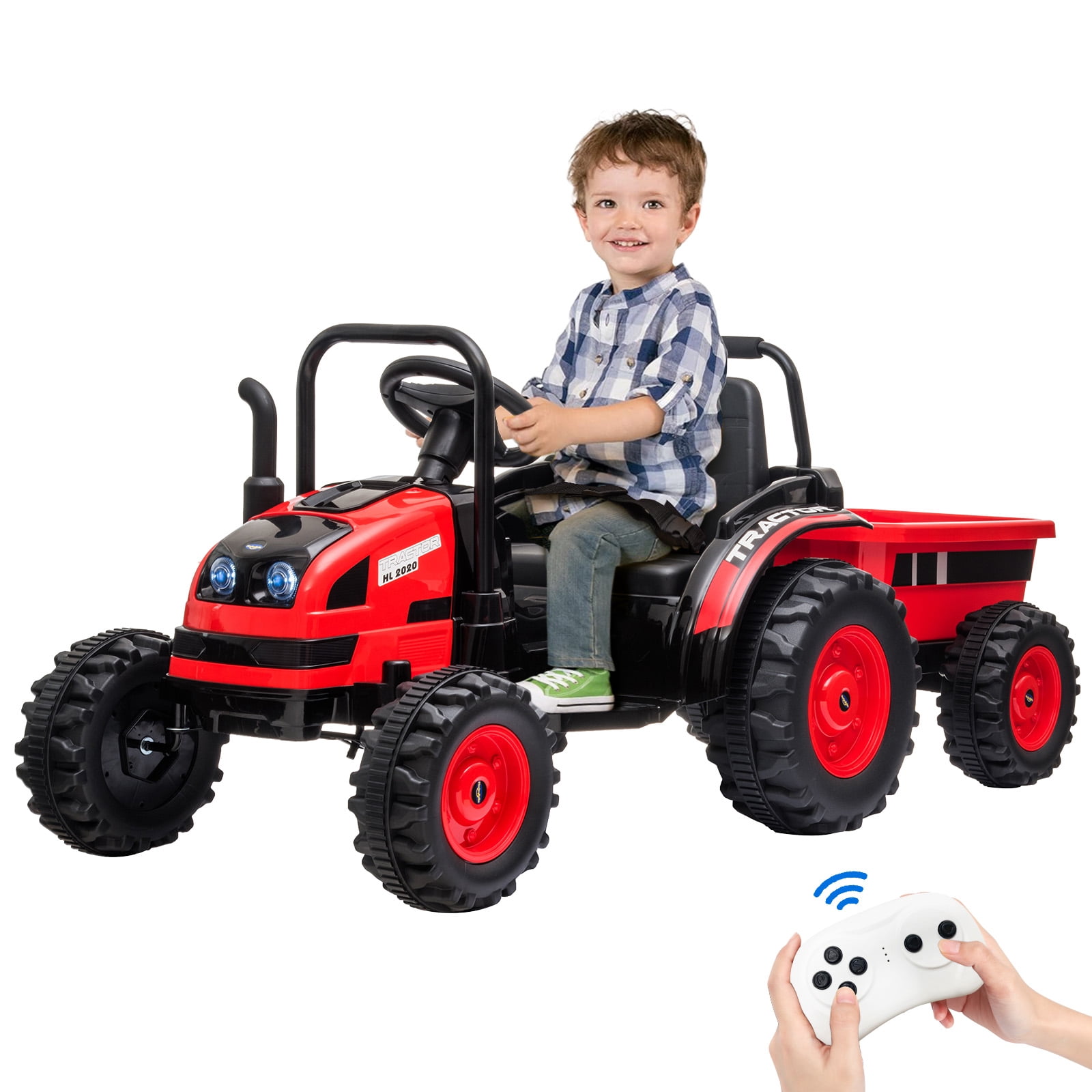 Shininglove 12V Kids Ride-on Tractor with 6 Wheels, Detachable Trailer ...