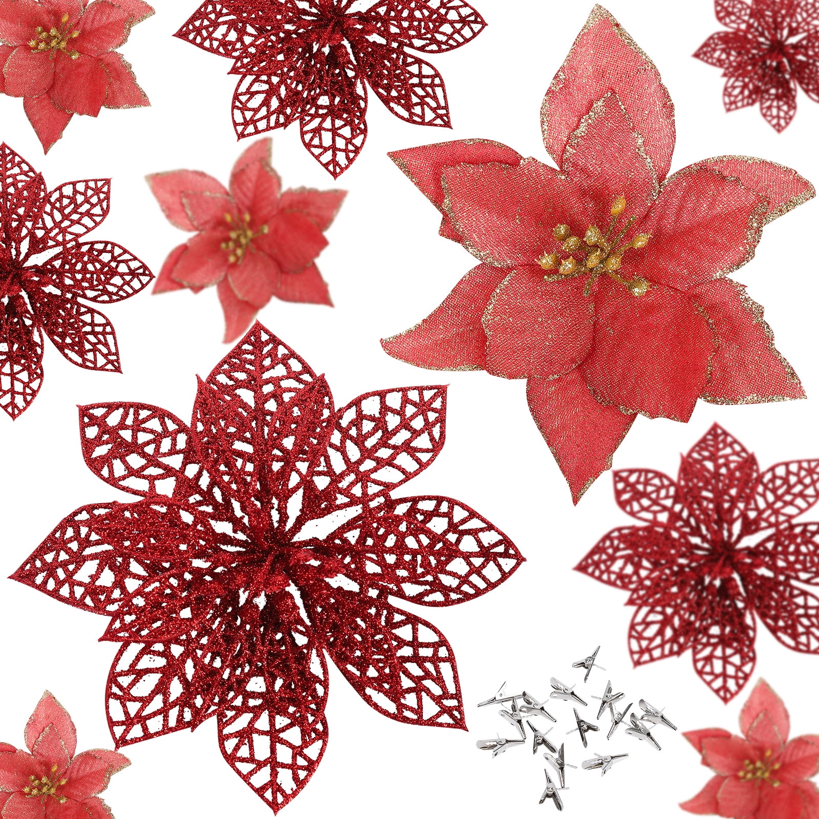 Shininglove 24 Pcs Christmas Glitter Poinsettia with Clips Christmas ...