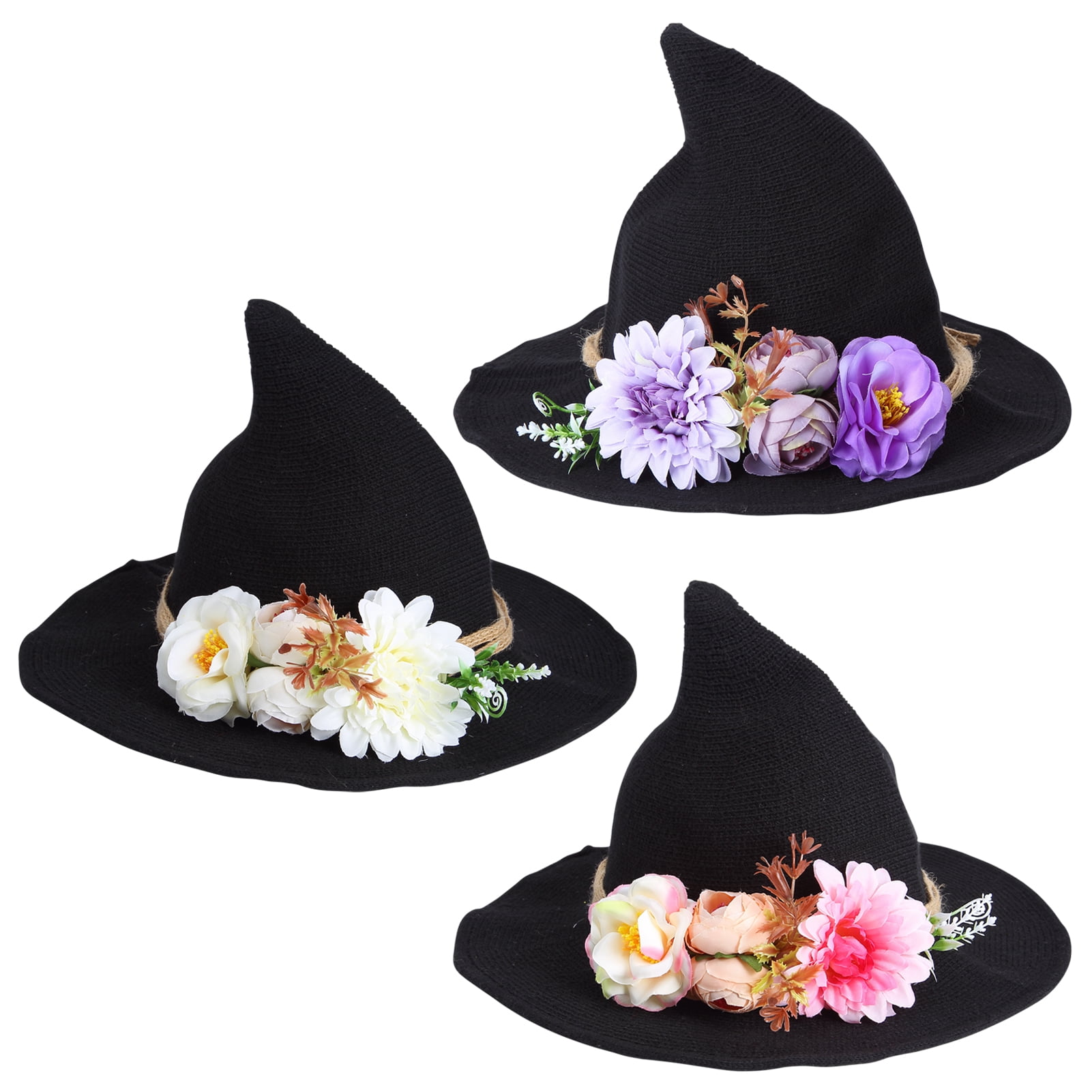 Shininglove 3 Pack Halloween Witches Hats with Adjustable Flower Crown ...