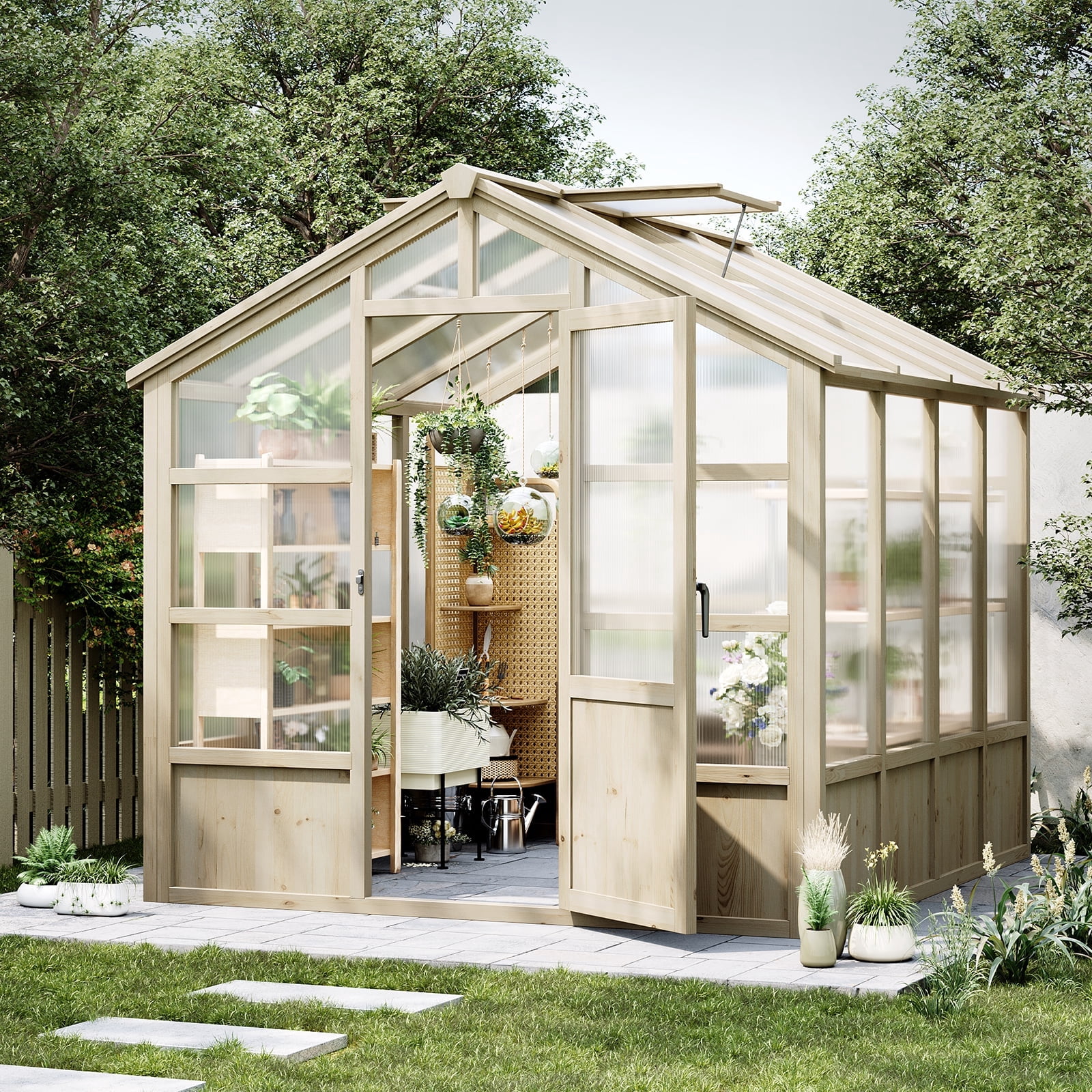 Shininglove 8x8FT Spruce Wood Greenhouse w/Lockable Door & Adjustable ...
