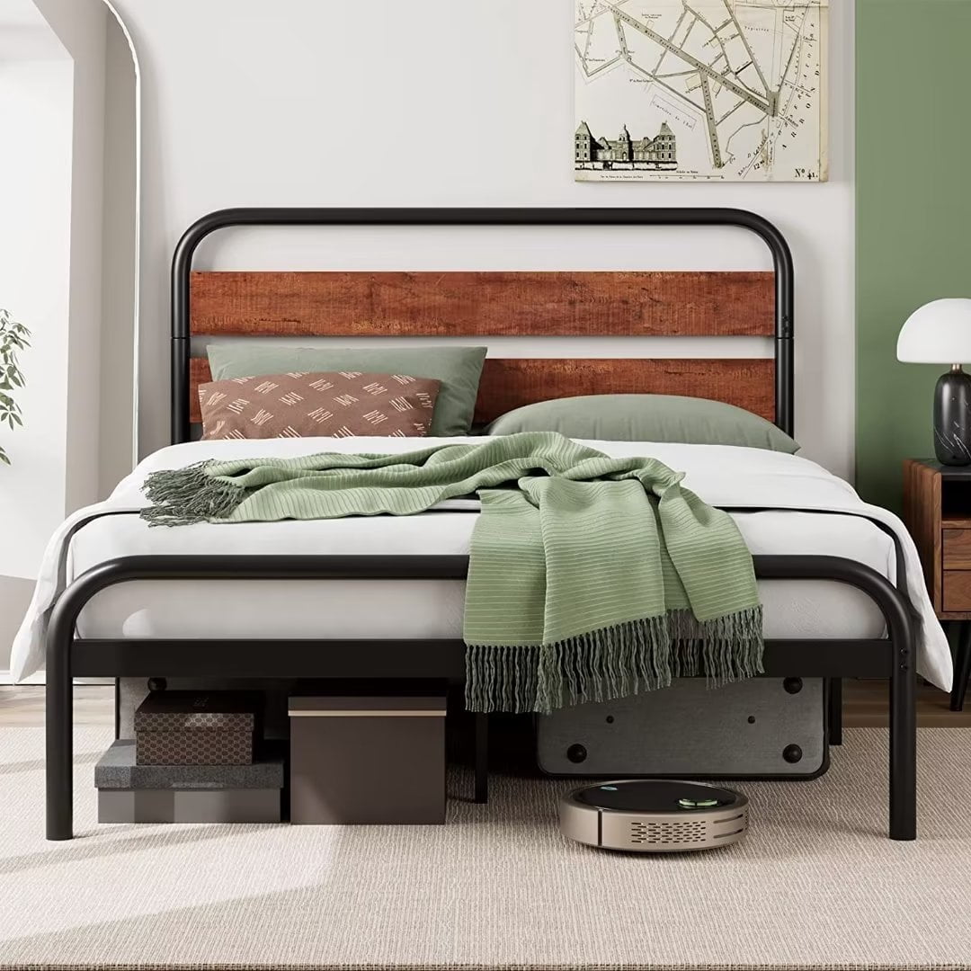 Shininglove Bed Frame, Queen Metal Platform Bed with Wood Headboard and ...