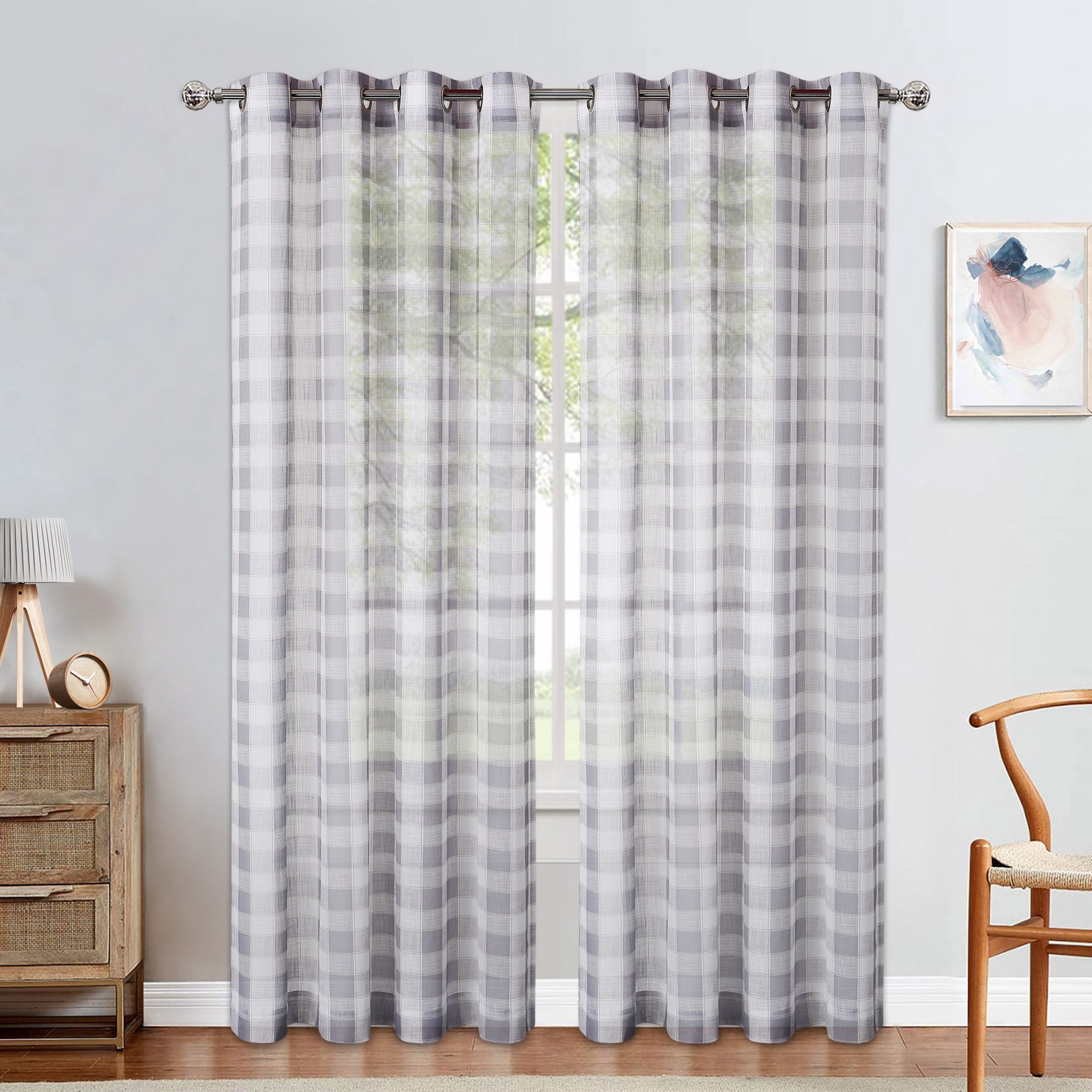 Shininglove Buffalo Check Curtain 52" W x 84" L Rustic Plaid Voile Semi ...