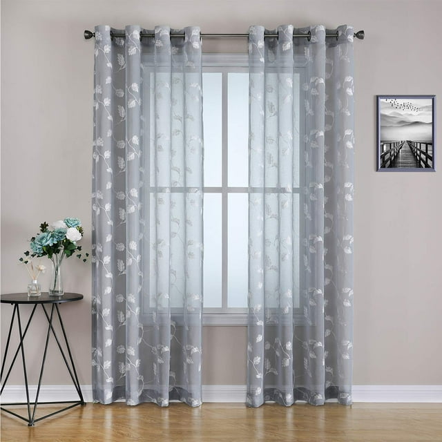 Shininglove Floral Sheer Curtains 95inches, Elegant Leaves Pattern ...