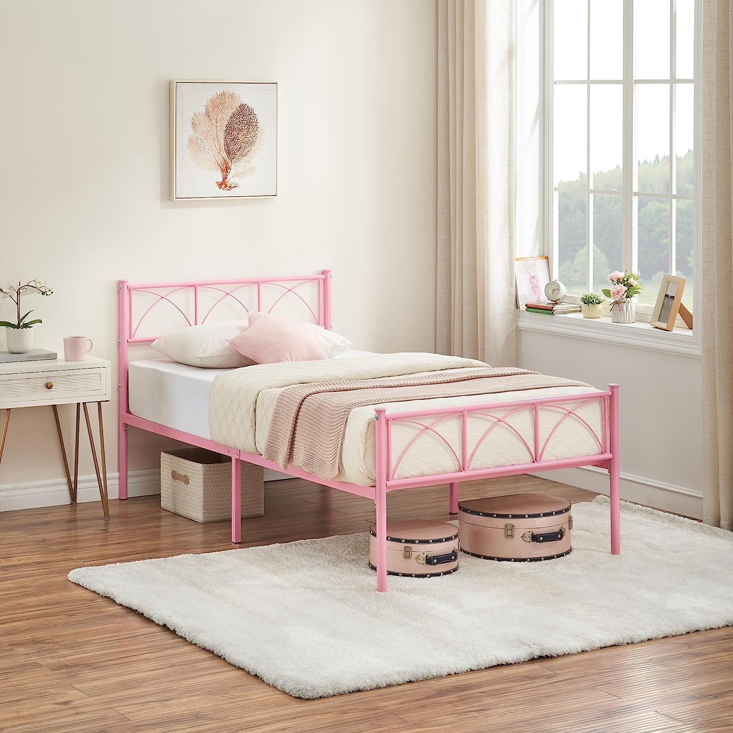 Shininglove Girls Pink Twin Bed Frame with Headboard and Footboard ...