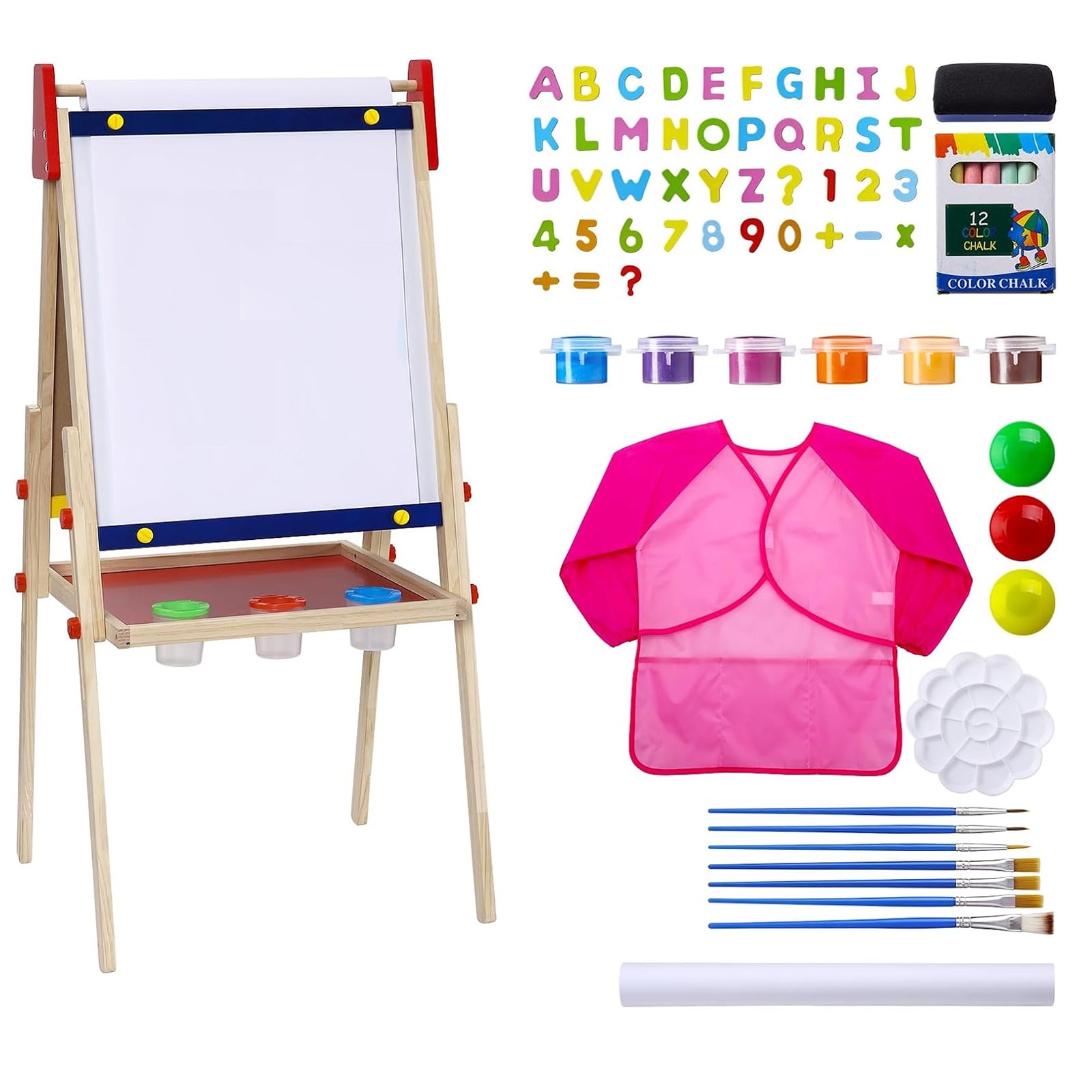 Shininglove Kids Wooden Easel with Paper Roll, Adjustable Magnetic ...