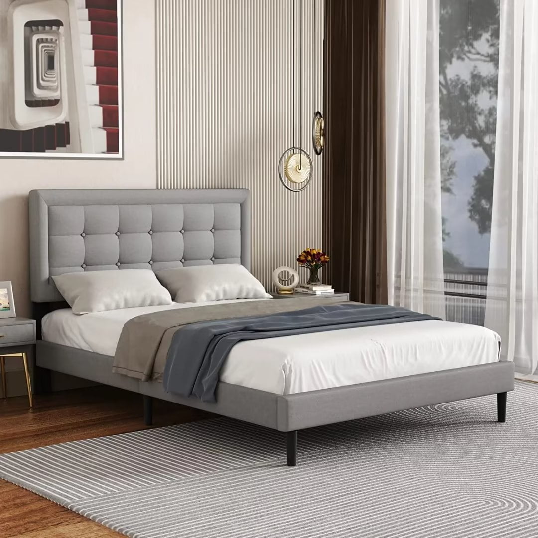 Shininglove King Size Upholstered Bed Framewith Mattress Foundation ...