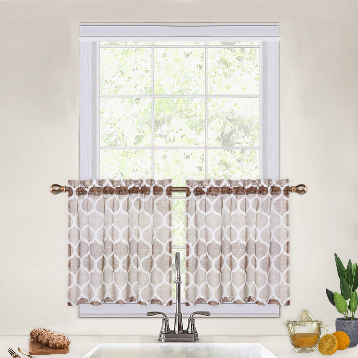 Shininglove Sheer Kitchen Curtains, Geometric Moroccan Printed Short ...