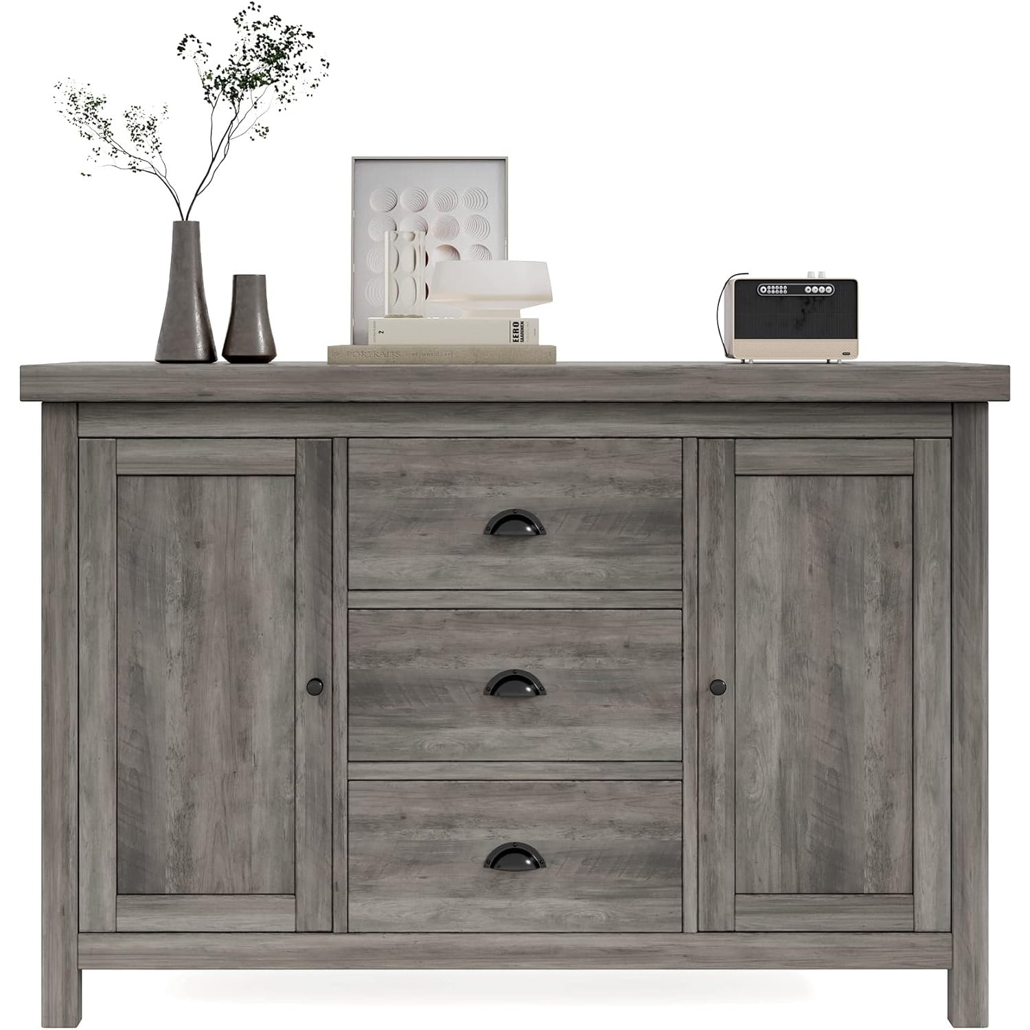Shininglove Vintage Grey Solid Wood Kitchen Sideboard Cabinet with 3 ...