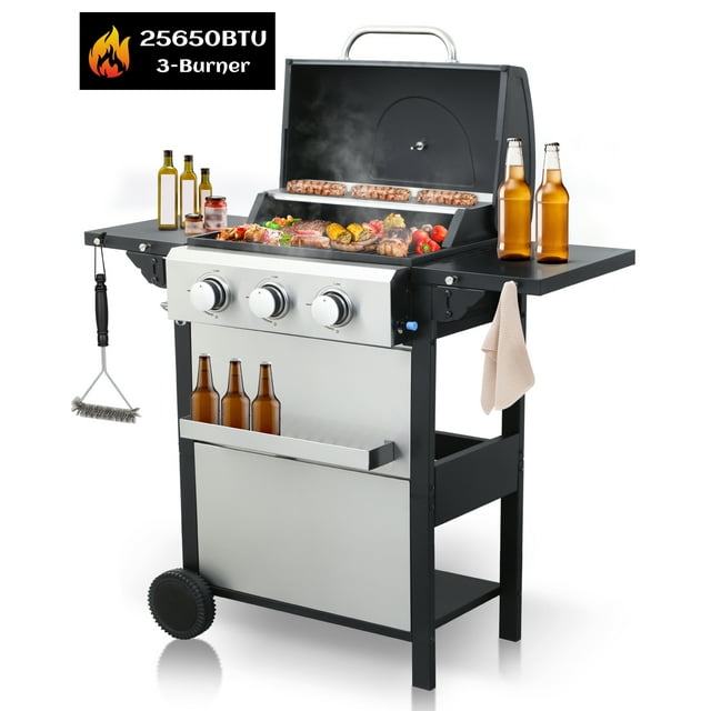 25600 BTU Propane Gas Grill with Thermometer, 3-Burner Garden Barbecue ...