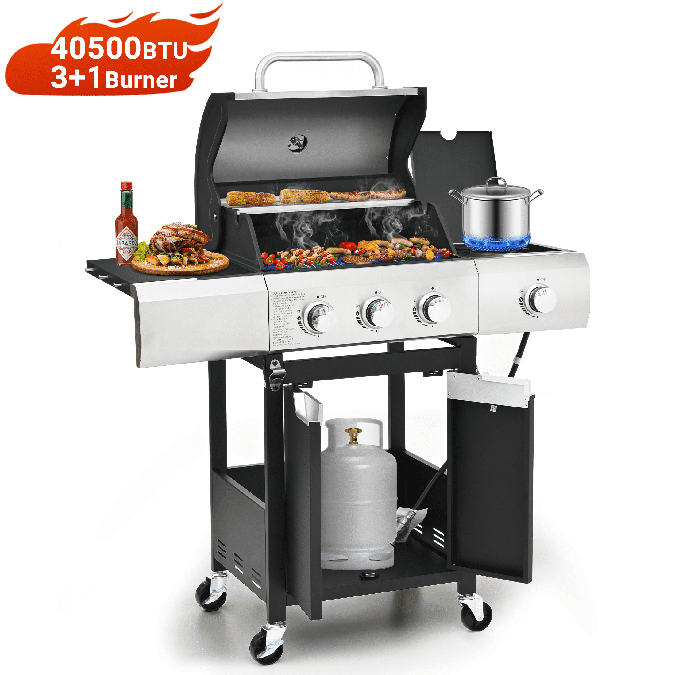 40500 BTU Gas Grill with Side Burner, Shinpt 3-Burner Stainless Steel ...