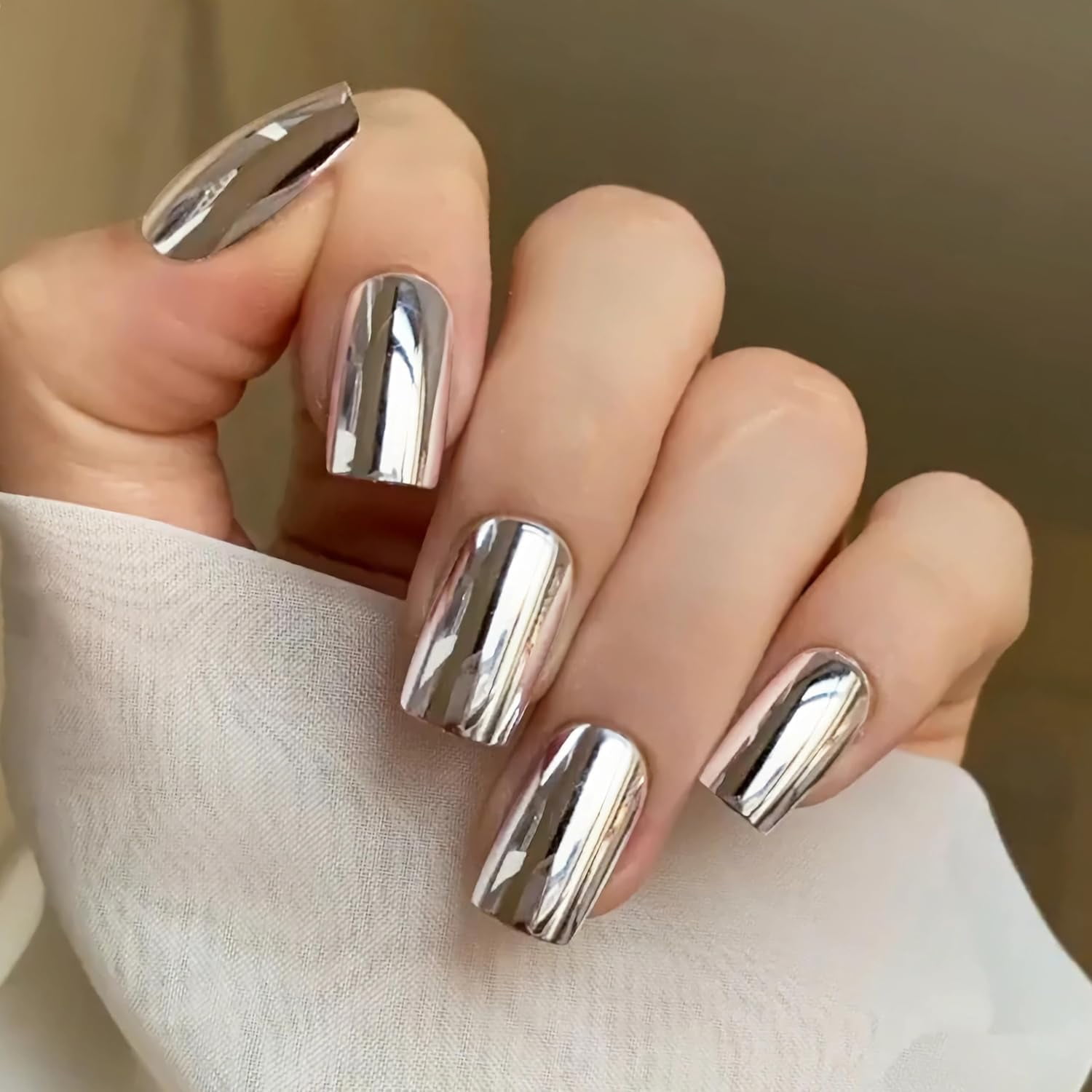 Shiny Chrome Medium Square Press on Nails, Sliver Metallic False Nails ...