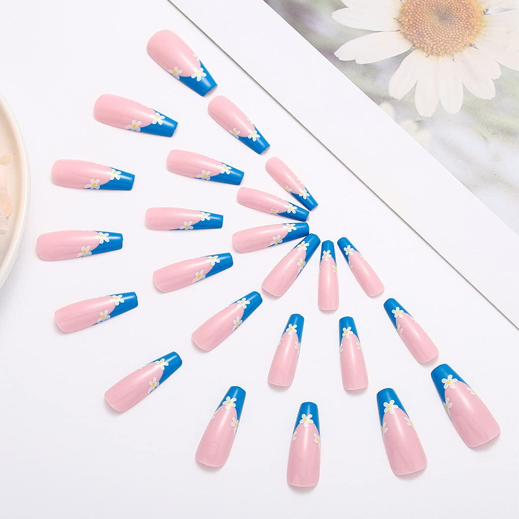 Shiny Flower Press On Nails French Blue Long Coffin Ballerina Fake ...