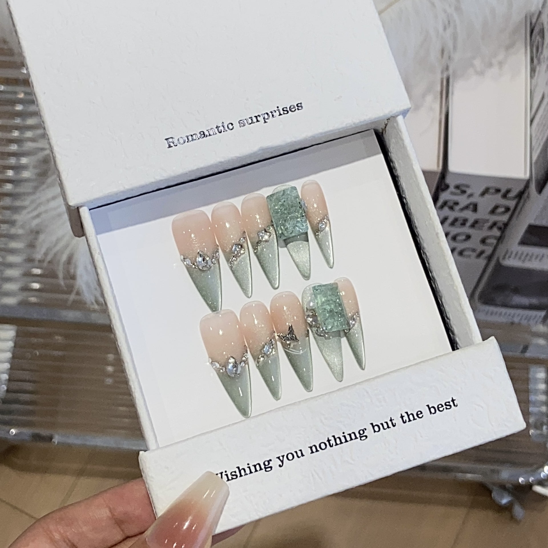 Shiny French Tip Crystal Handmade Press on Nails for Women Wedding ...