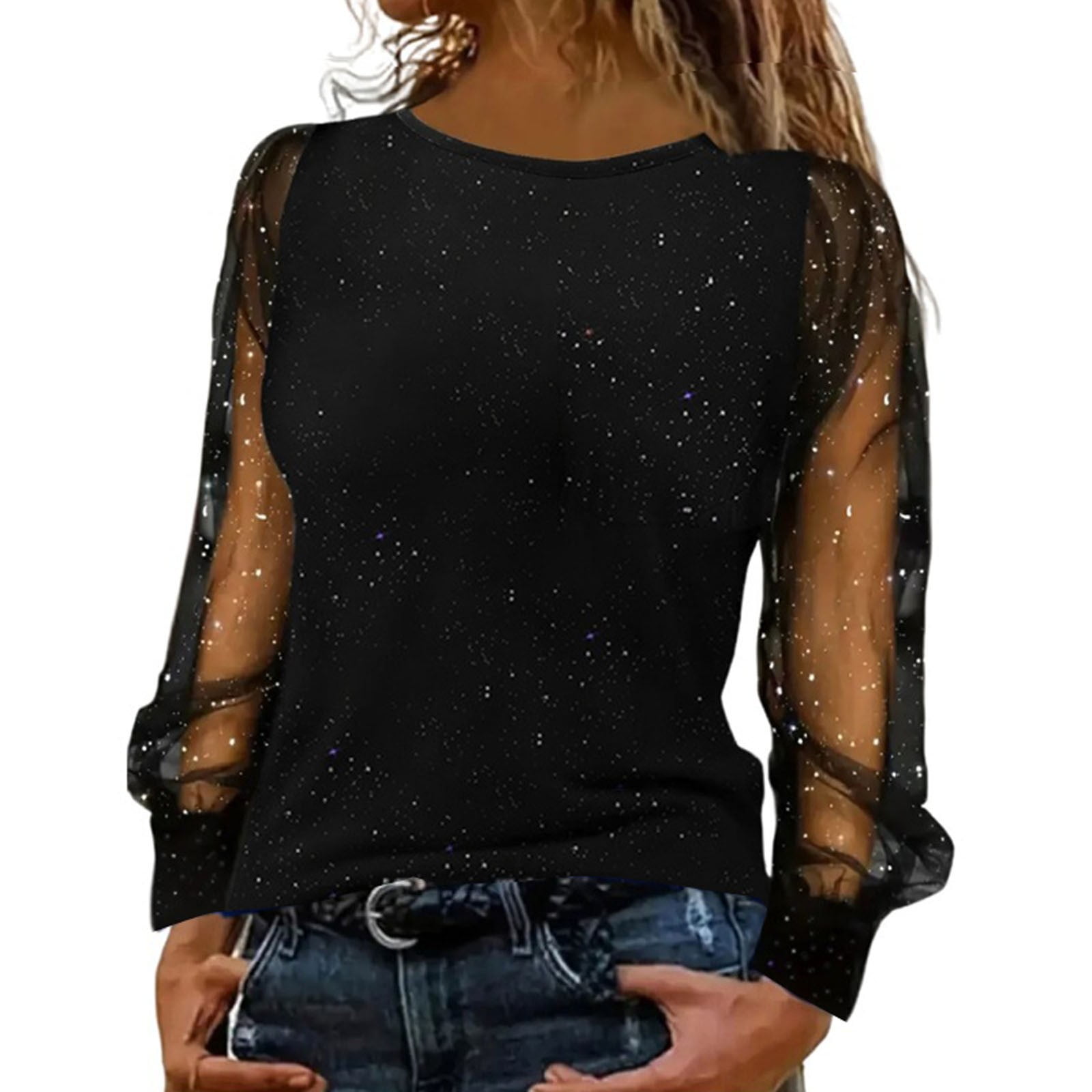 Shiny Glitter Mesh Tops T-Shirt Going Out Blouses Shiny Sequin Shirts ...