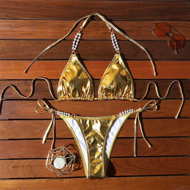 Shiny Gold Pearl Chain Halter Micro Bikini For Women Thong Sexy