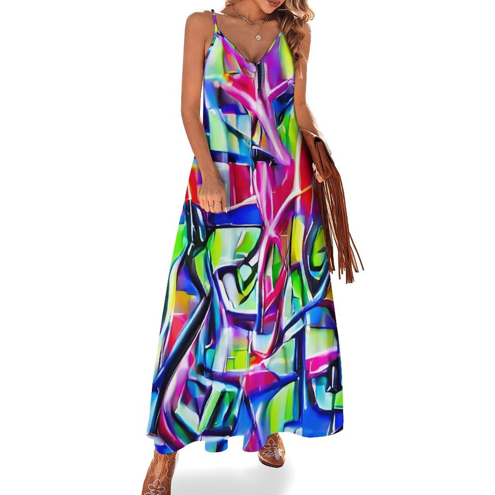 Shiny Graffiti Dress Colorful Print Cute Maxi Dress V Neck Boho Beach ...
