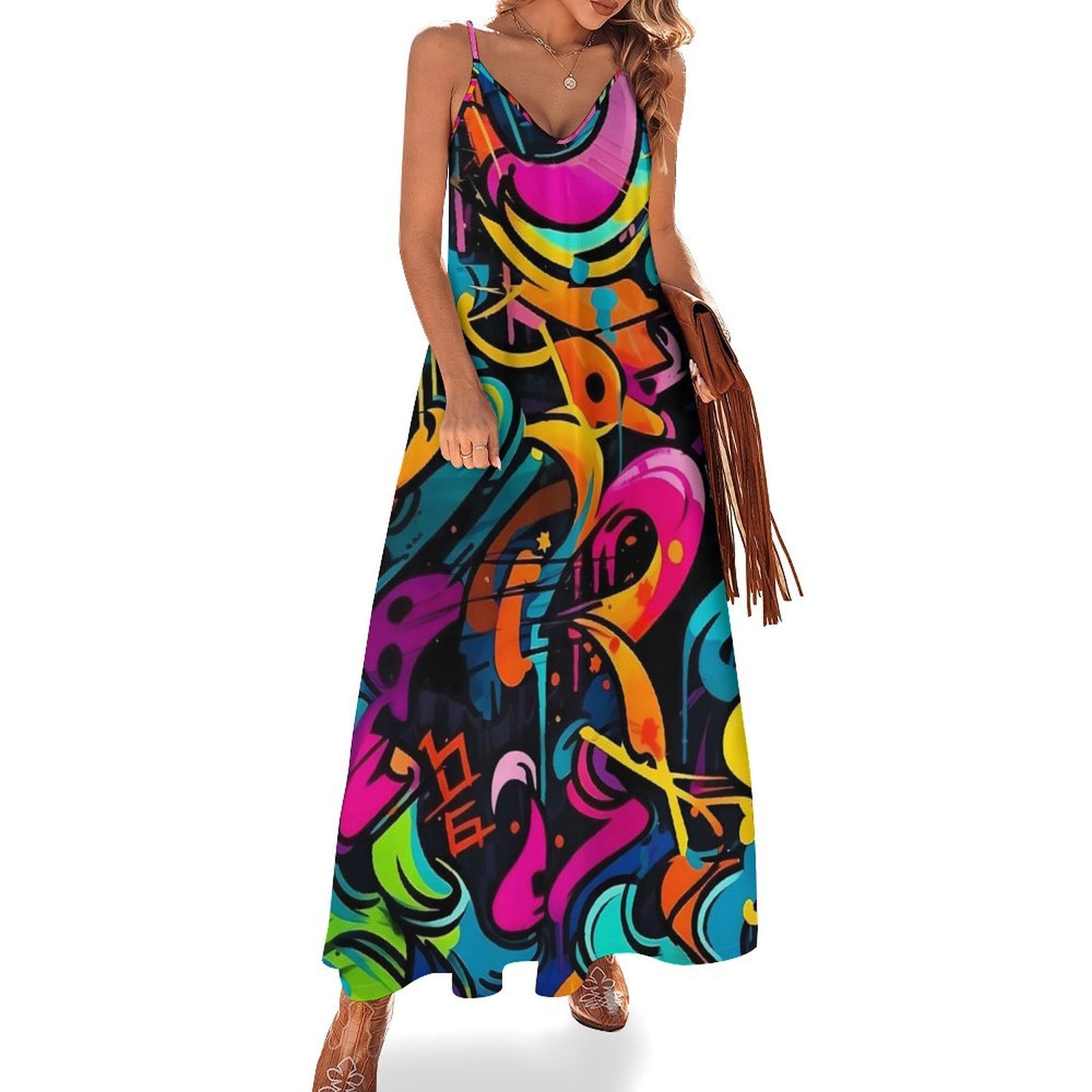 Shiny Graffiti Dress Colorful Print Cute Maxi Dress V Neck Boho Beach ...