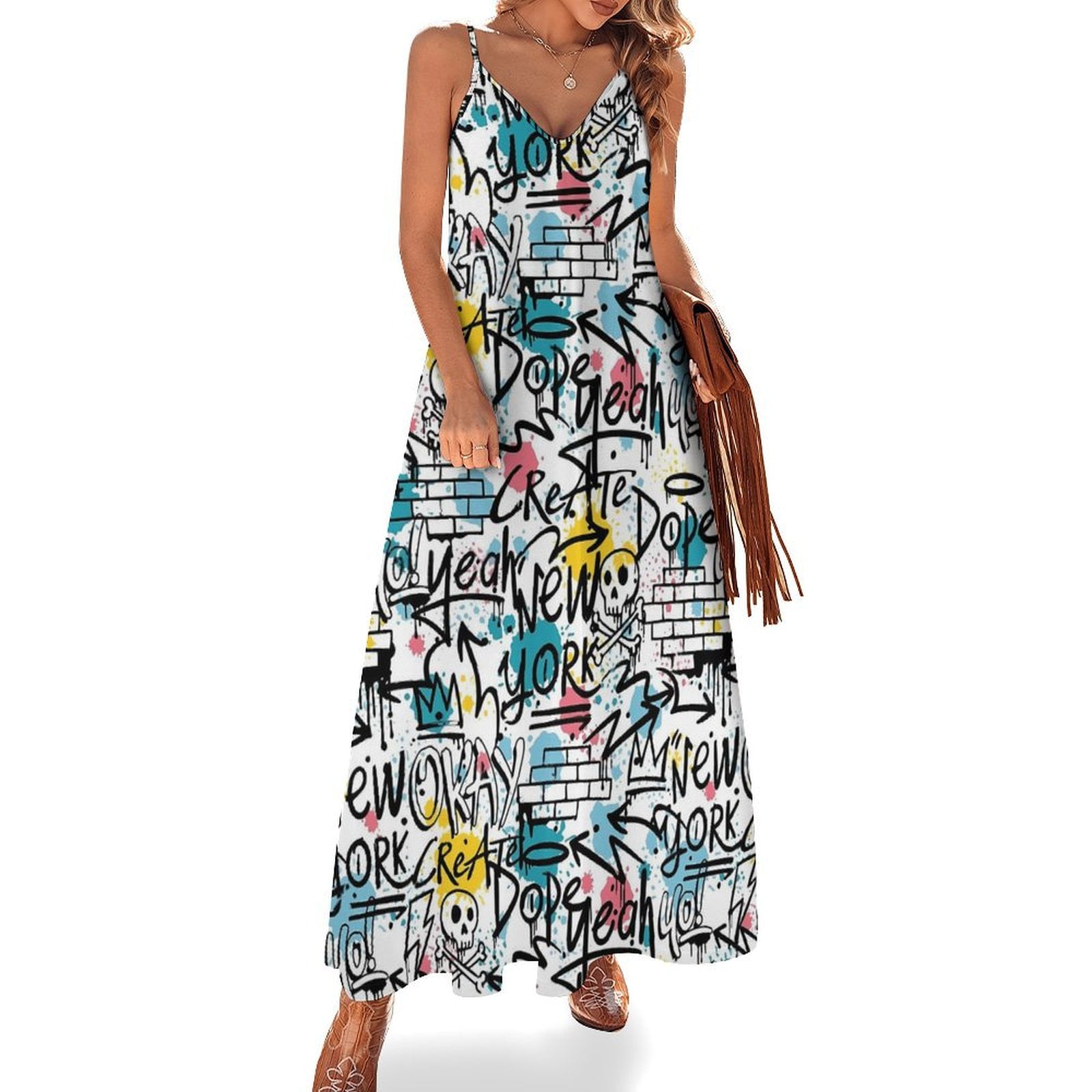 Shiny Graffiti Dress Colorful Print Cute Maxi Dress V Neck Boho Beach ...