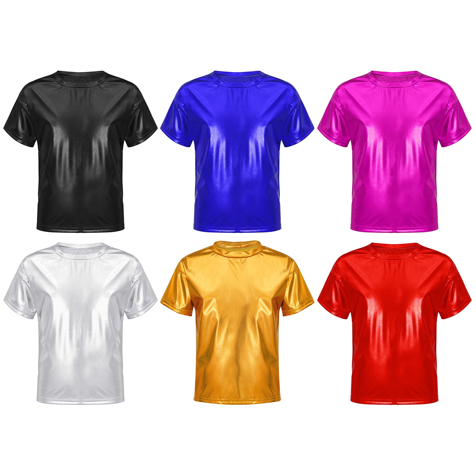 Shiny Metallic MINRU Kids Short Sleeve Dance Tops for Girls and Boys ...