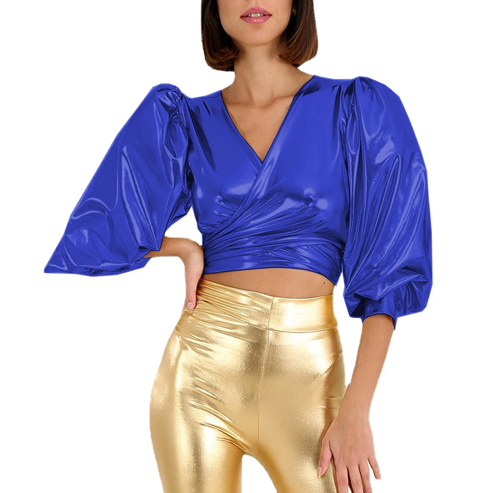 Shiny Metallic Sexy Women Deep V Neck Cross Wrap Crop Tops Puff Half ...