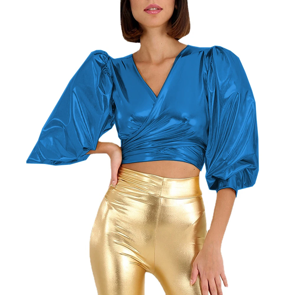 Shiny Metallic Sexy Women Deep V Neck Cross Wrap Crop Tops Puff Half ...