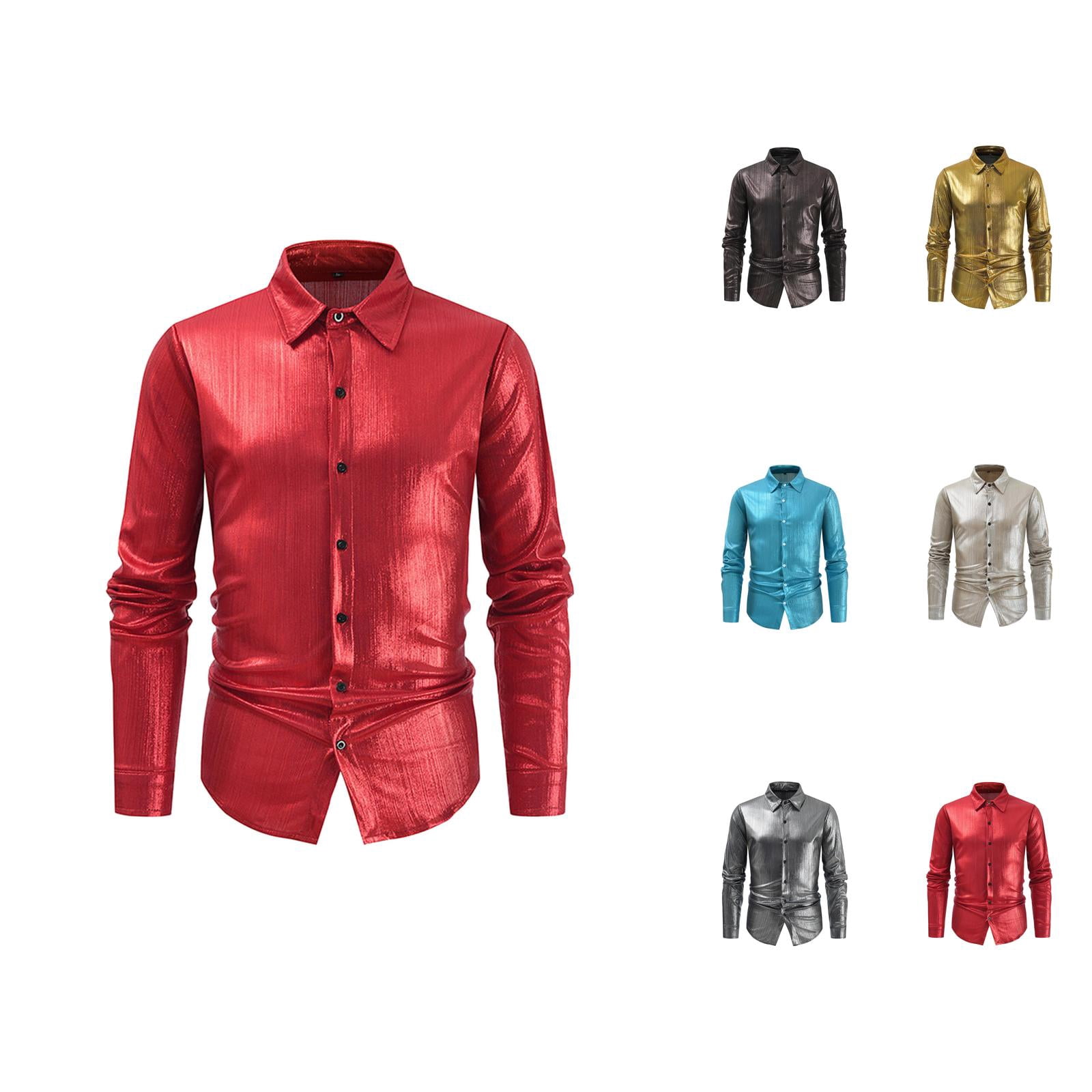 Shiny Metallic Shirt for Men Long Sleeve Button Down Collared Dress ...