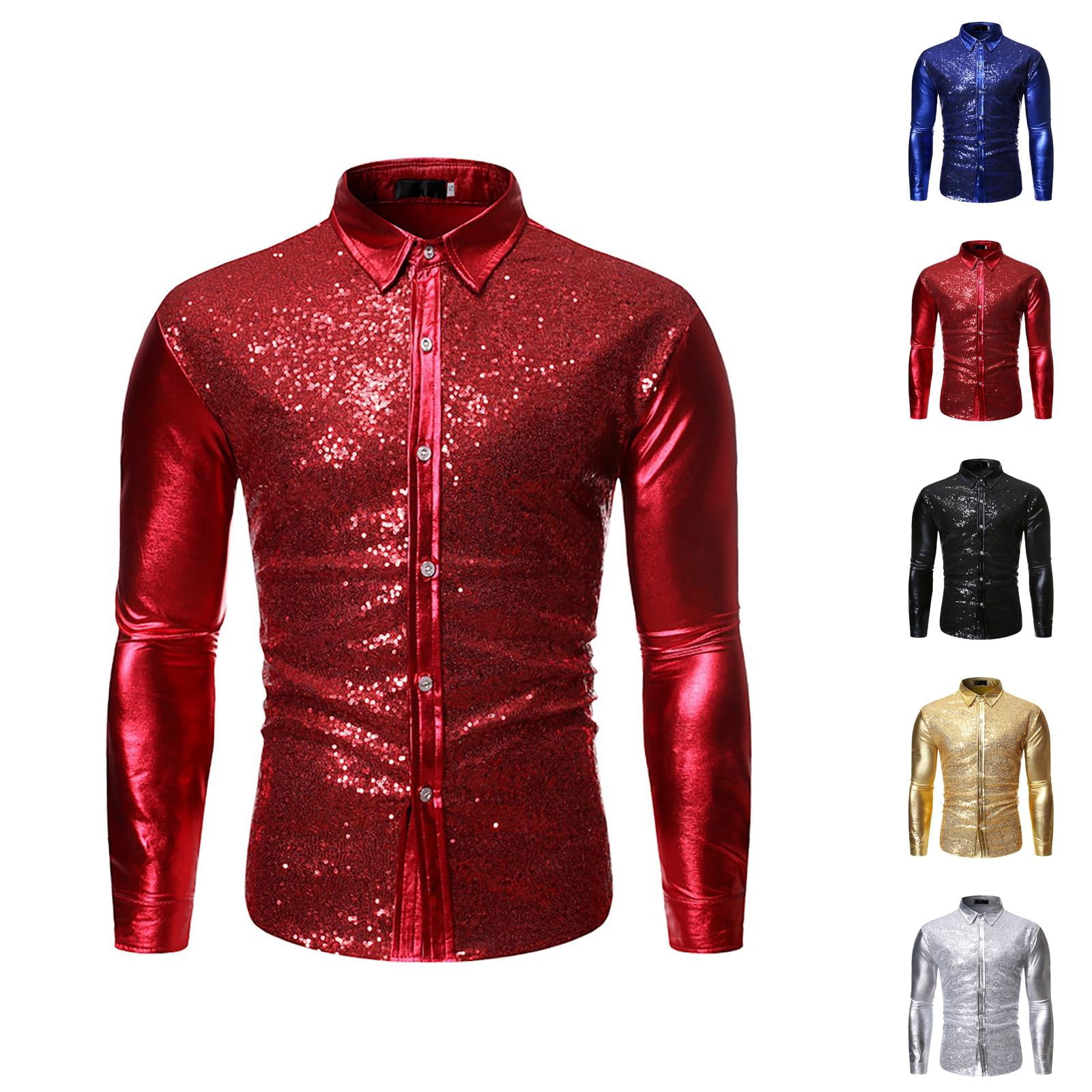 Shiny Metallic Shirt for Men Long Sleeve Button Down Collared Sparkly ...
