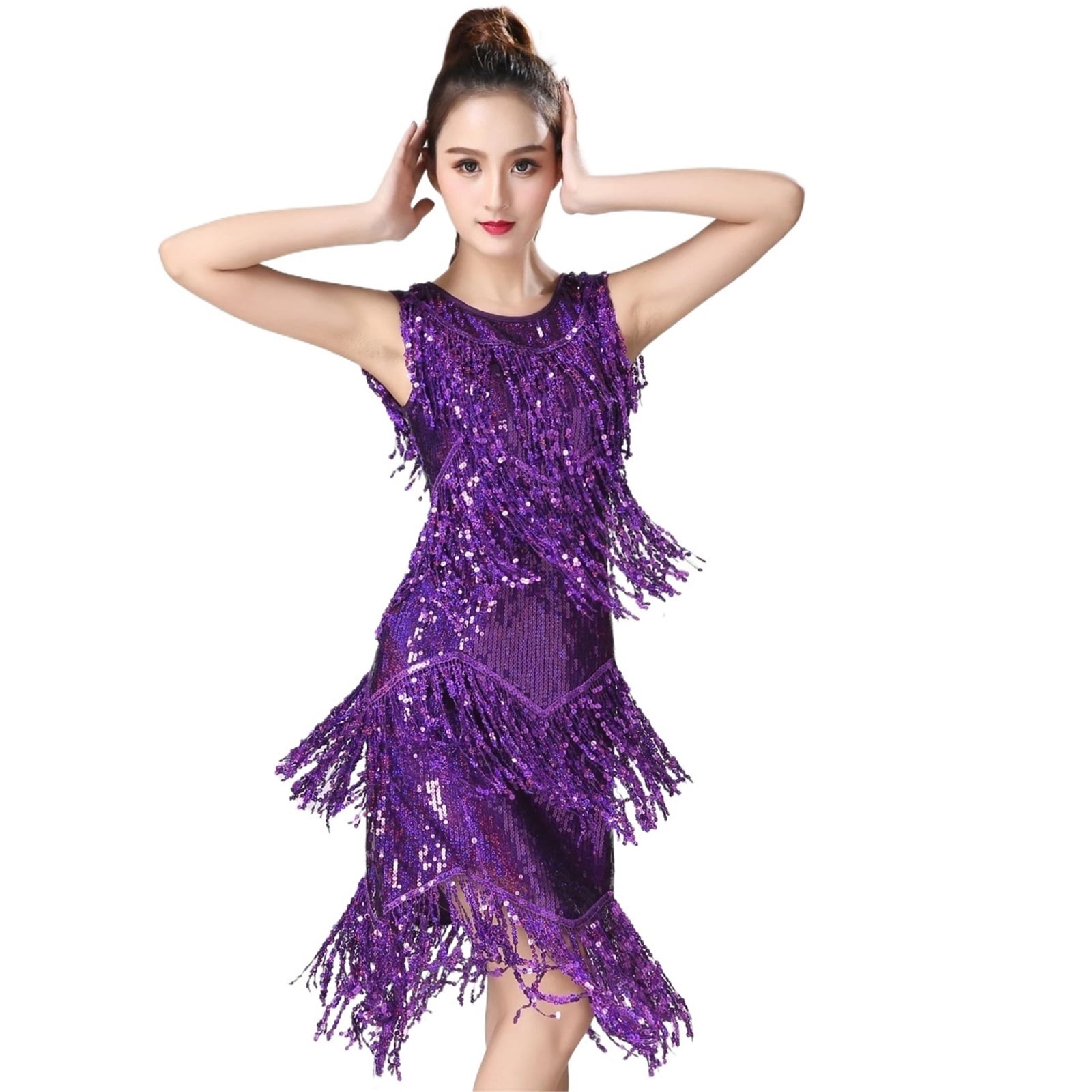 Shiny O-Neck Sleeveless 1920s Sequin Fringe Flapper Dance Dresses ...