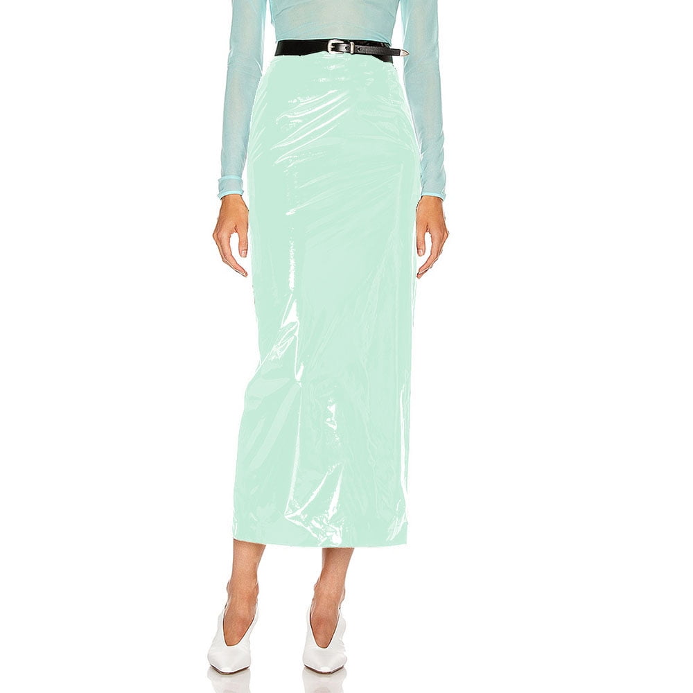 Shiny PVC Leather Midi Skirts Women High Waist Slim Office Lady Stretch ...