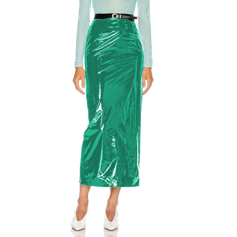 Shiny PVC Leather Midi Skirts Women High Waist Slim Office Lady Stretch ...